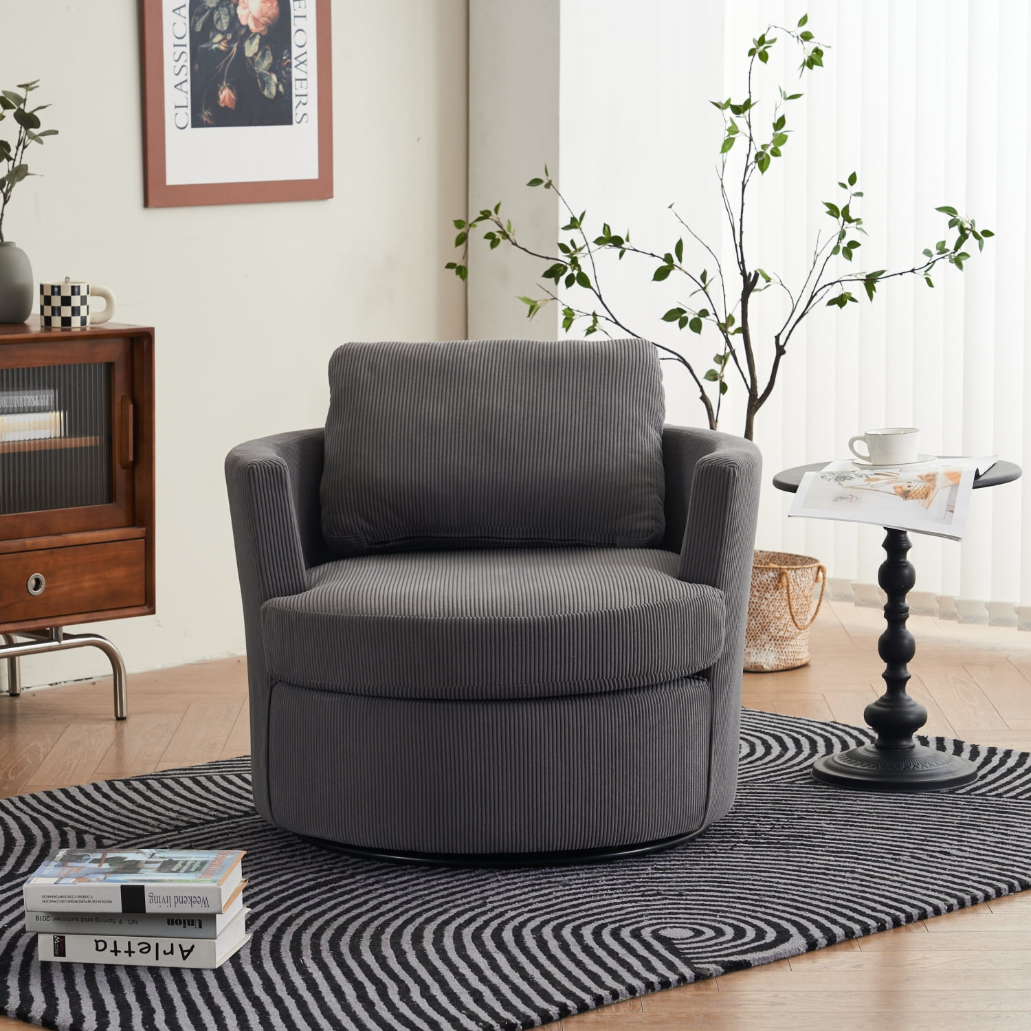 360° Swivel Barrel Chair, Comfy Corduroy Round Accent Sofa Chair ...
