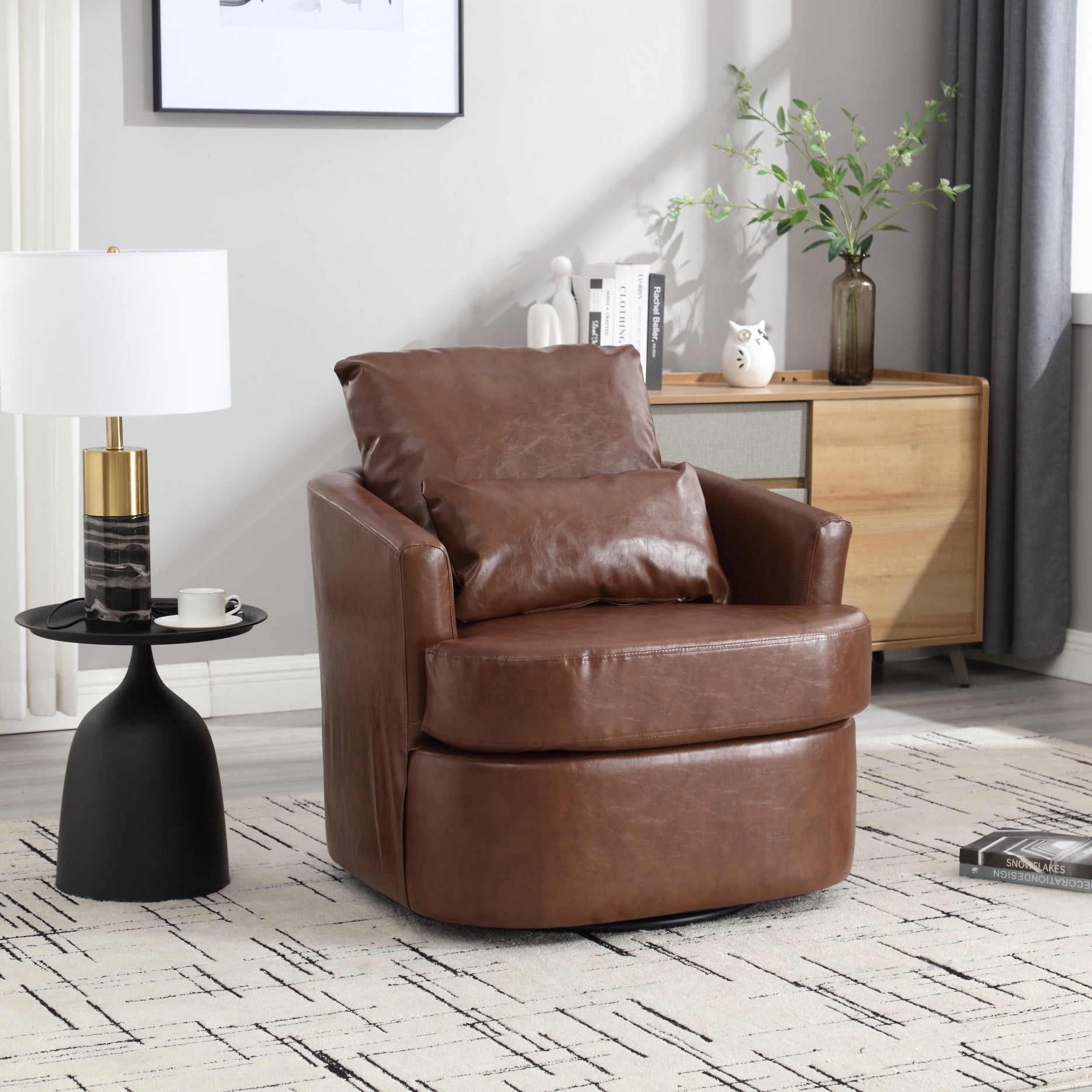 360 Swivel Barrel Chair, Ergonomic Round Accent Sofa with PU Leather ...