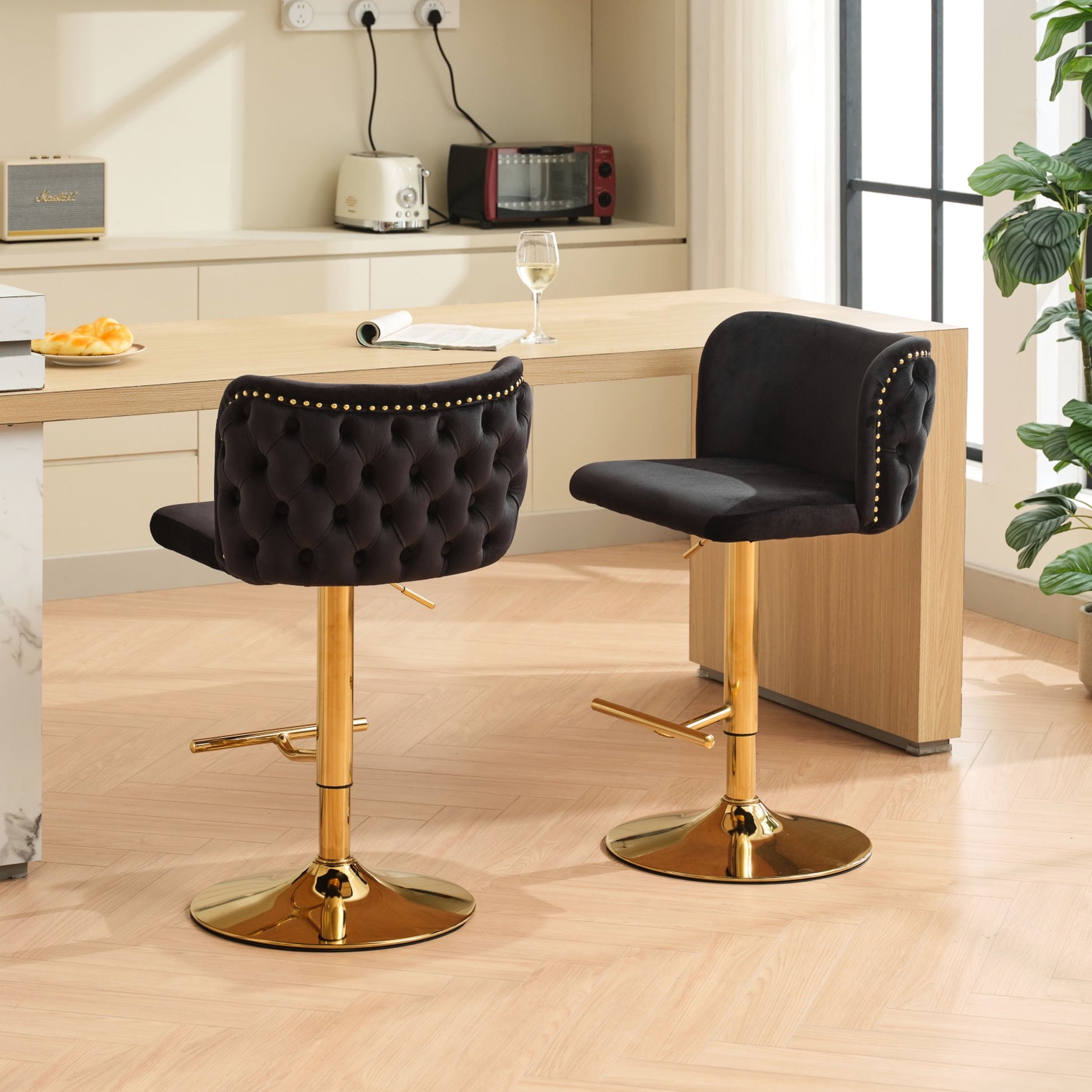 360° Swivel Black Velvet Bar Stools Set | Adjustable Height and Hand ...