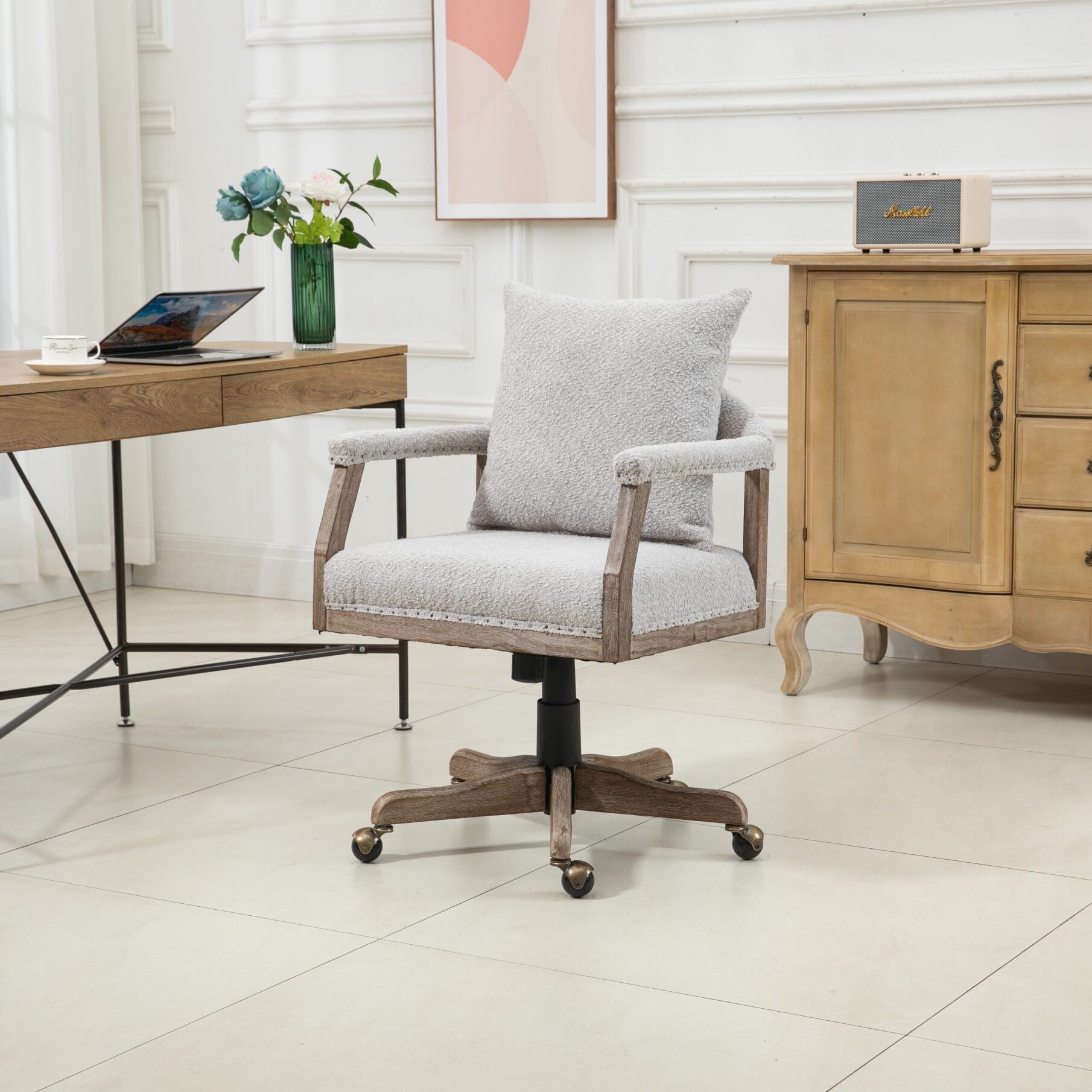 360° Swivel Chair with Back Pillow, Adjustable Height Boucle Computer ...