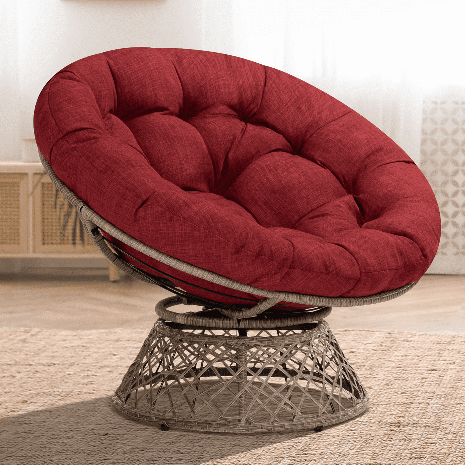 360 Swivel Comfy Papasan Chair with Fabric Cushion, Macaroon - Brown ...
