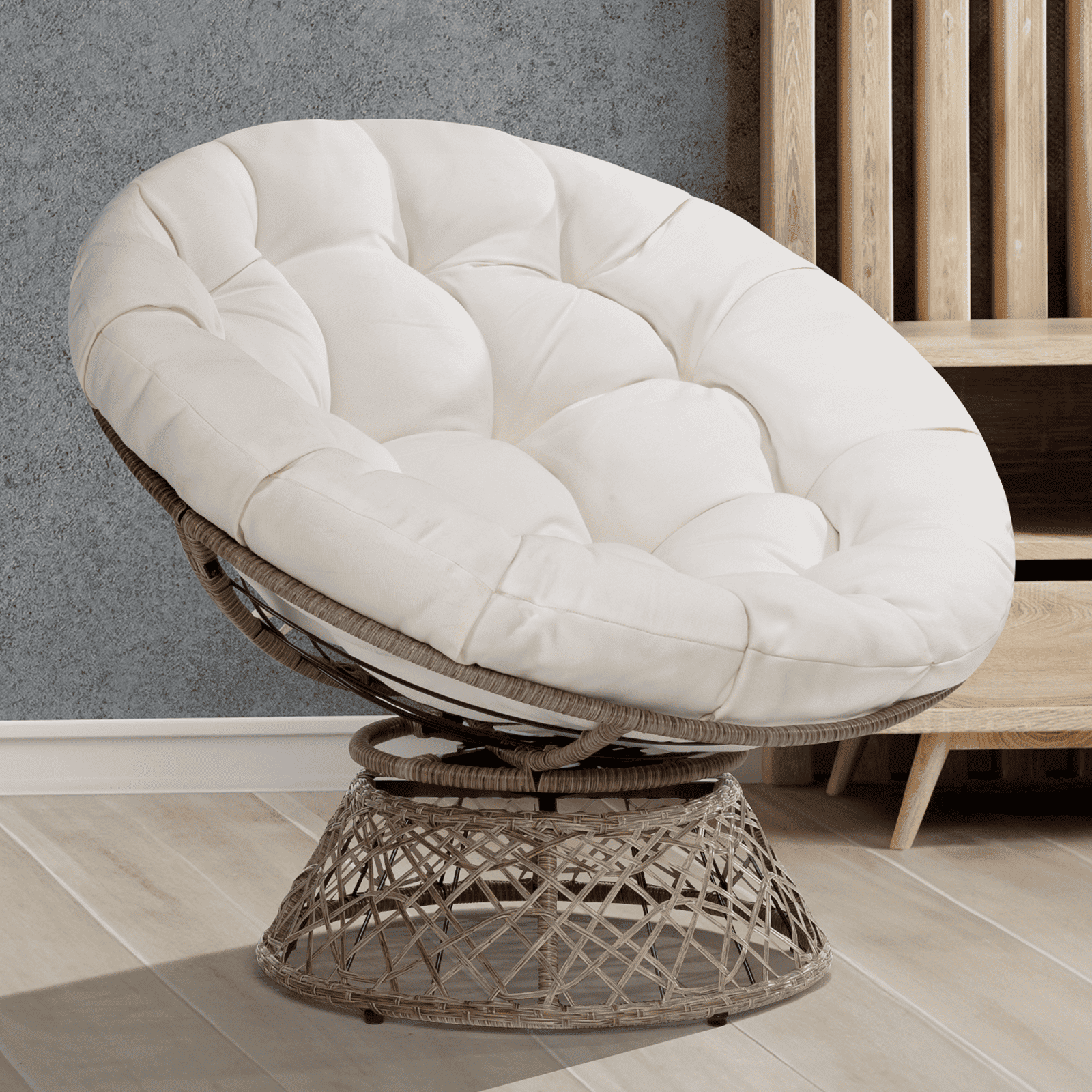 360 Swivel Comfy Papasan Chair with Fabric Cushion, Pure Pearl - Brown ...