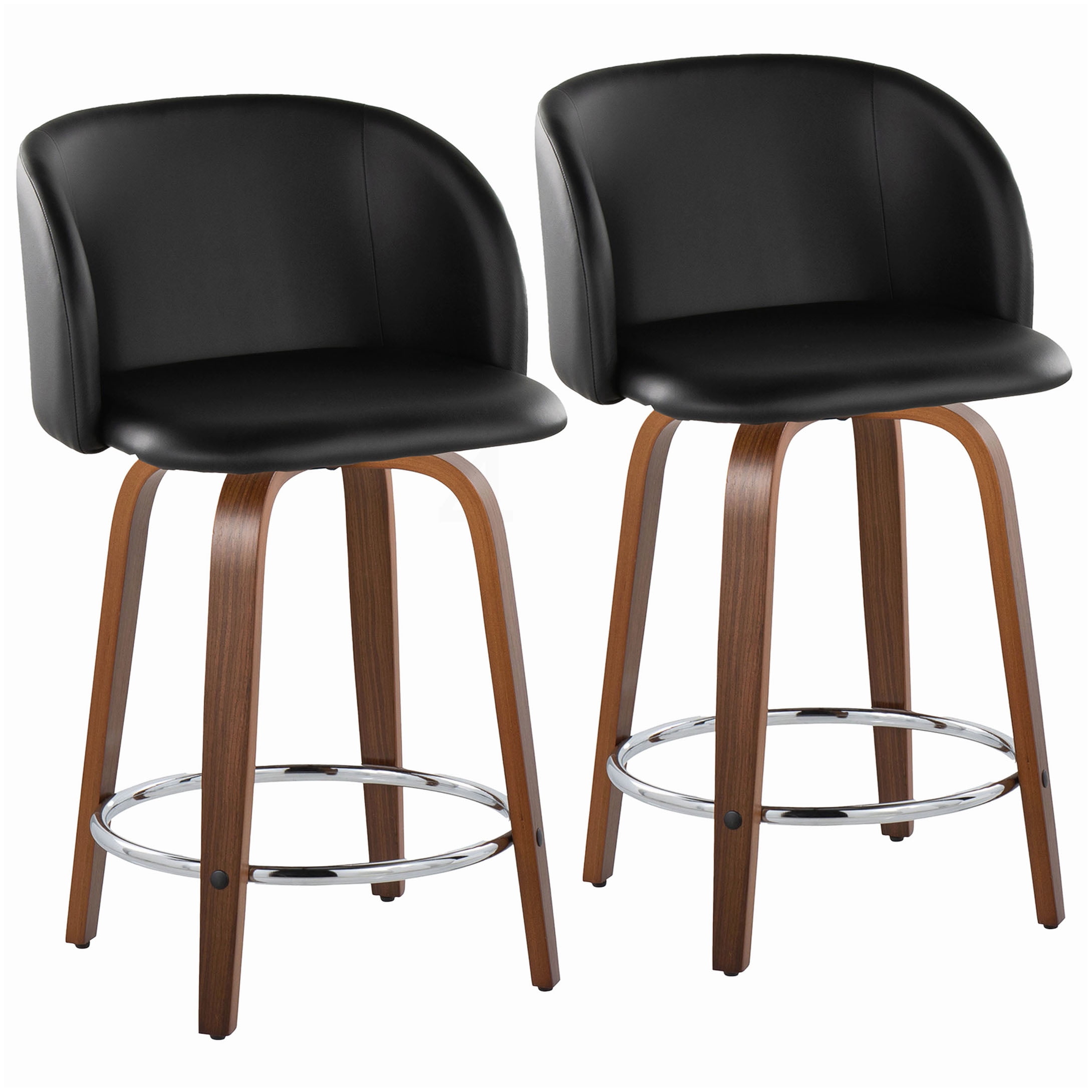360 Swivel Counter Stool Set, Black Faux Leather Seat & Walnut Wood ...