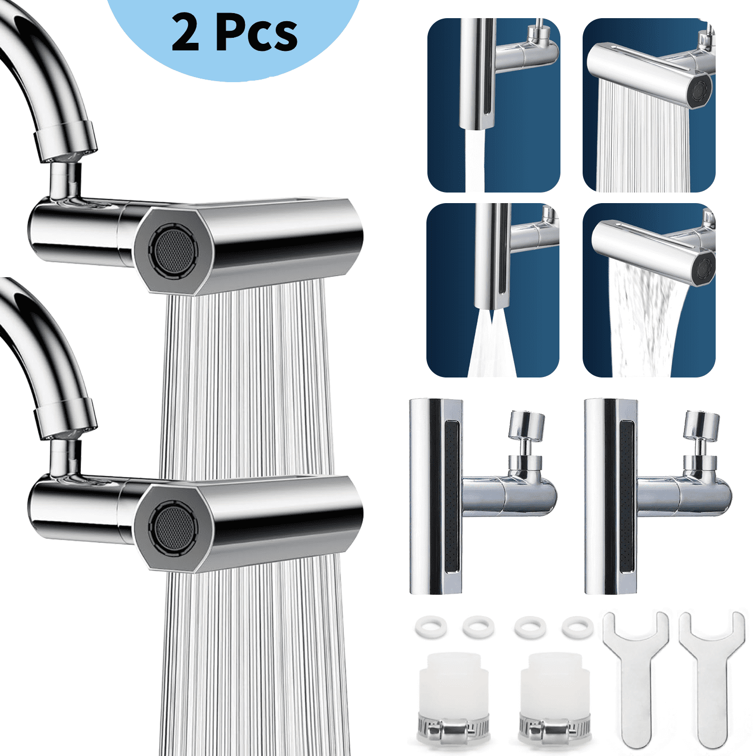 2 Pcs Faucet Extender,360°Swivel Waterfall Kitchen Faucet with 4 Modes ...