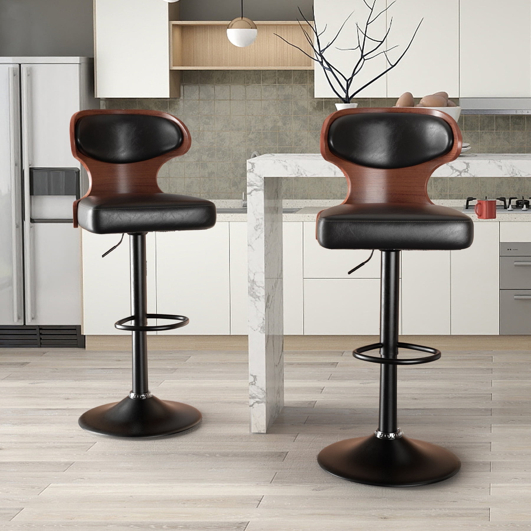 360° Swivel Height Adjustable Bar Stool with Solid Wood Backrest ...