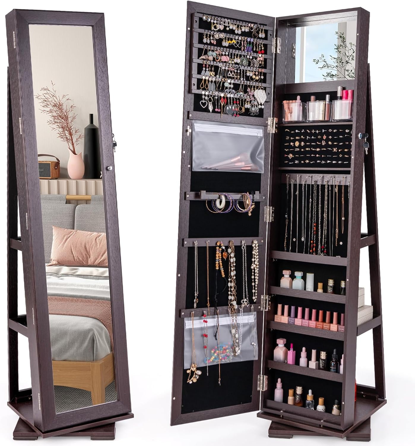 360° Swivel Jewelry Armoire with Full Length Mirror, Standing Lockable ...