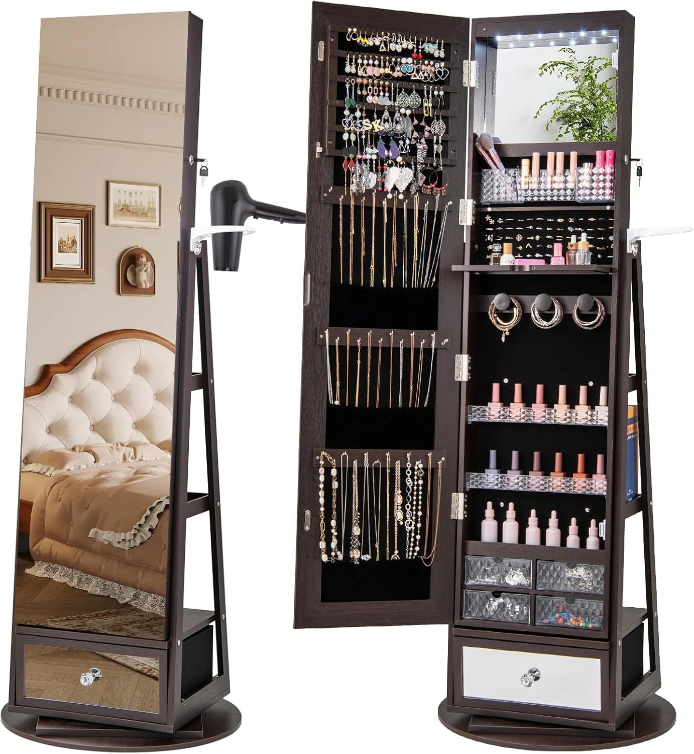 360° Swivel Jewelry Cabinet Armoire 64.5" H Full Length Mirror with ...