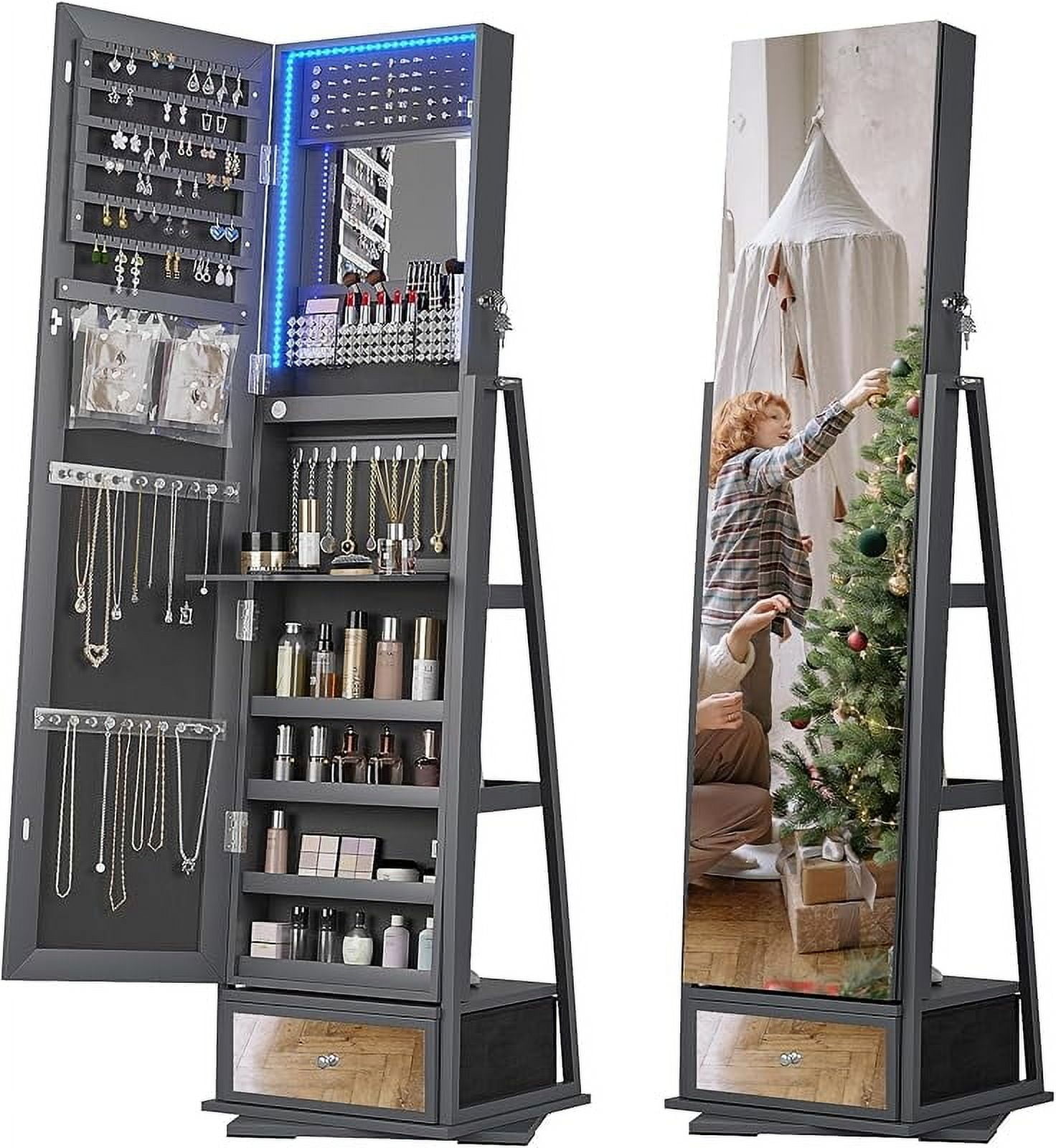 360 ° Swivel Jewelry Cabinet with LED Light - Rotatable Standing Full ...