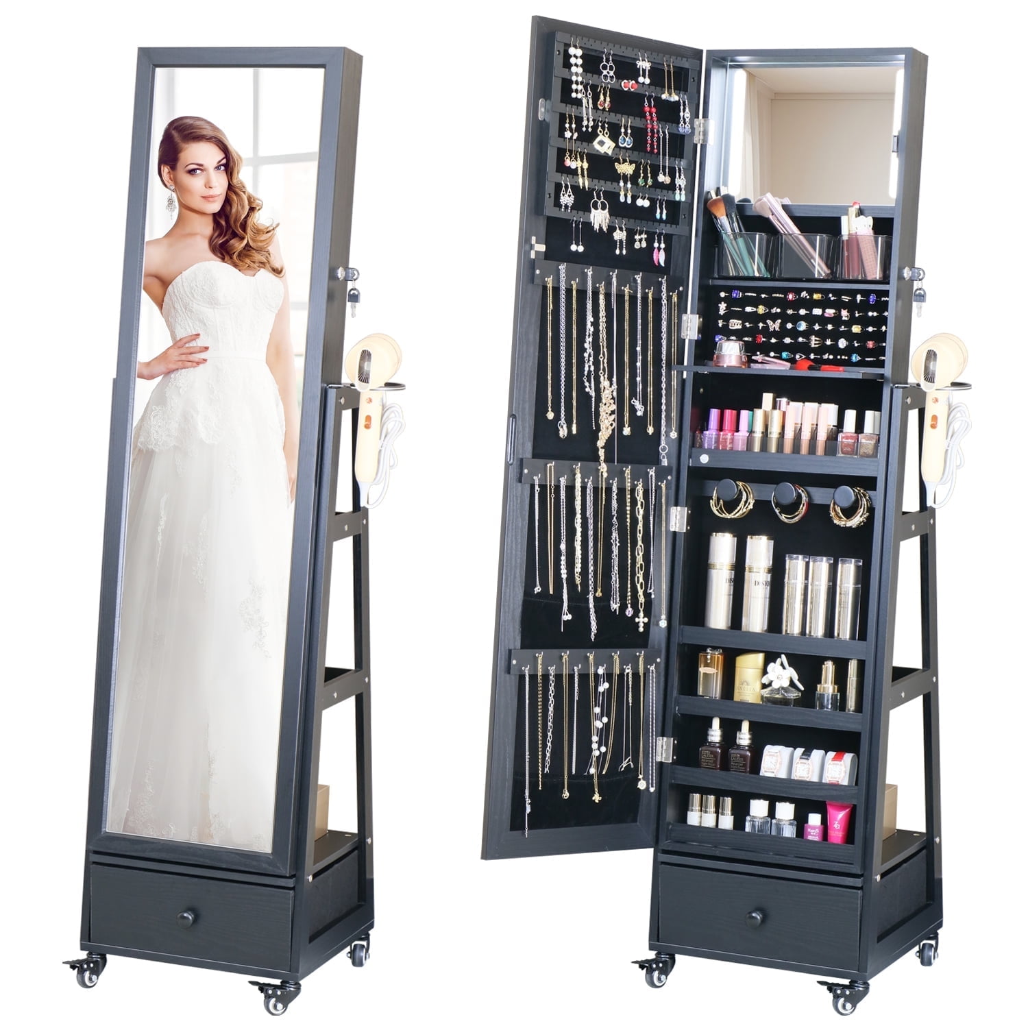 Whitebeach 360Â° Swivel Jewelry Cabinet with wheels, Lockable Organizer ...