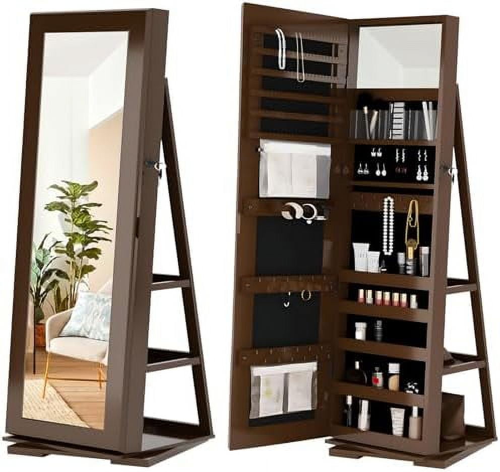 360° Swivel Jewelry Mirror Cabinet with Back Storage Shelves, Full ...