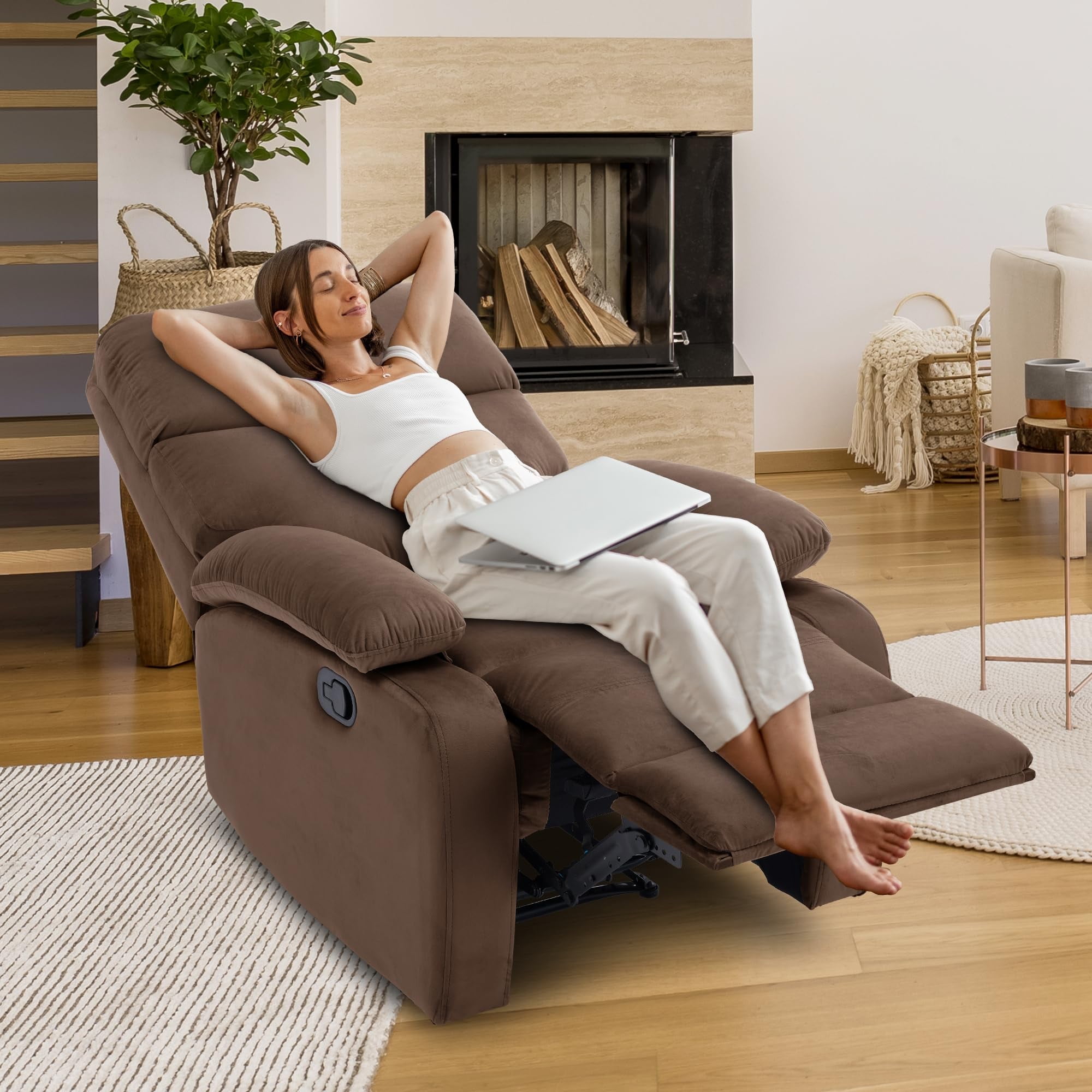 Manual Velvet Recliner Chair with Adjustable Footrest for Small Spaces ...