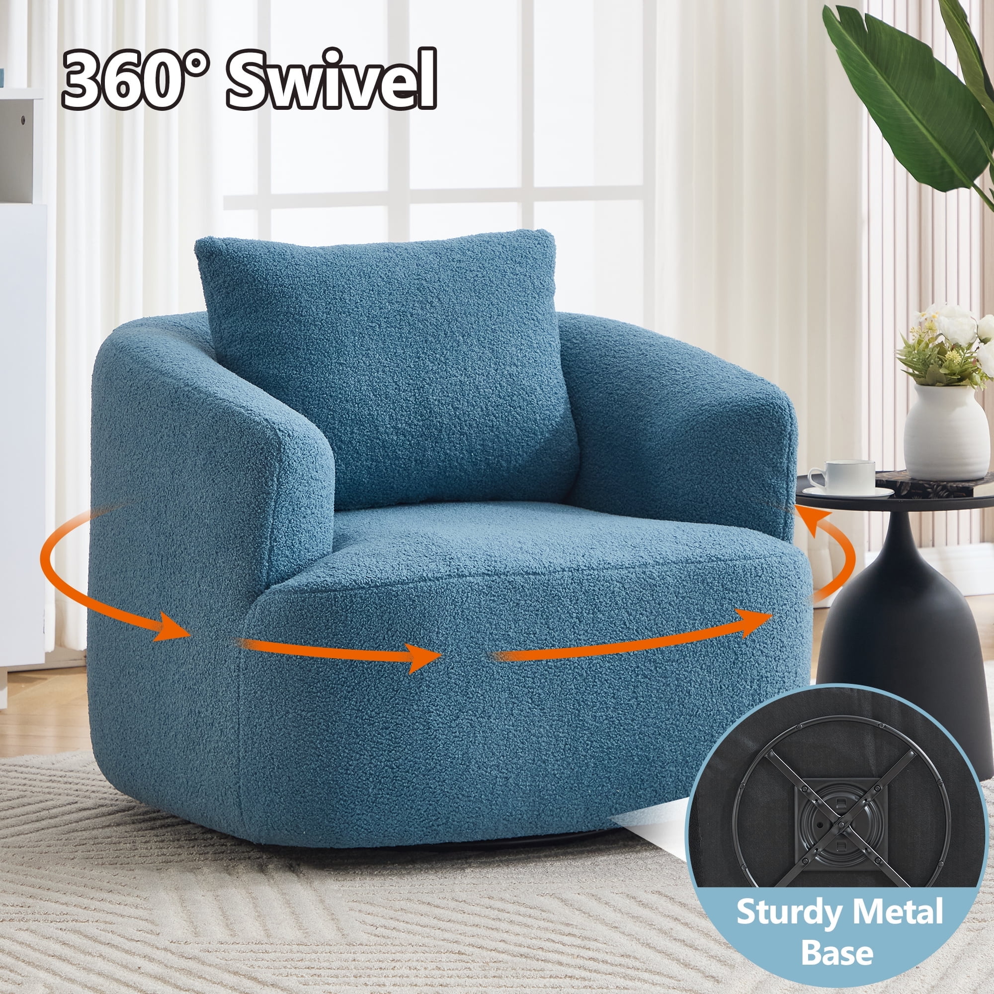 360° Swivel Round Comfy Chair with Soft Pillow, Teddy Fleece High ...
