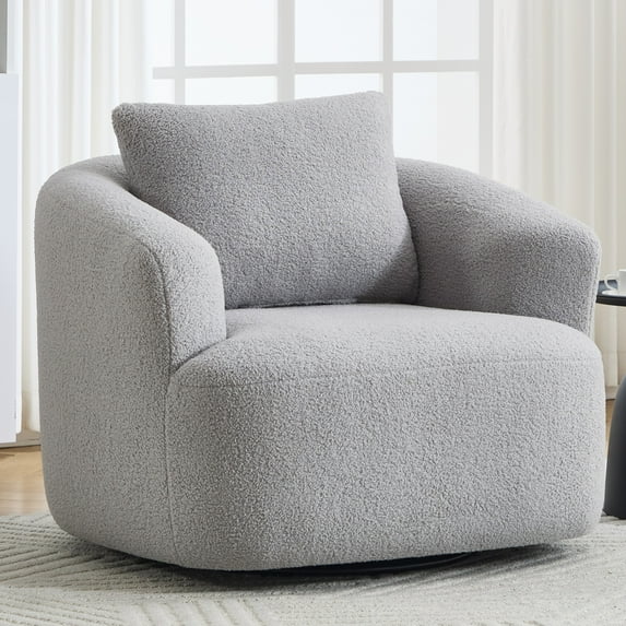 360° Swivel Round Upholstered Comfy Chair With One Soft Pillow, Teddy ...