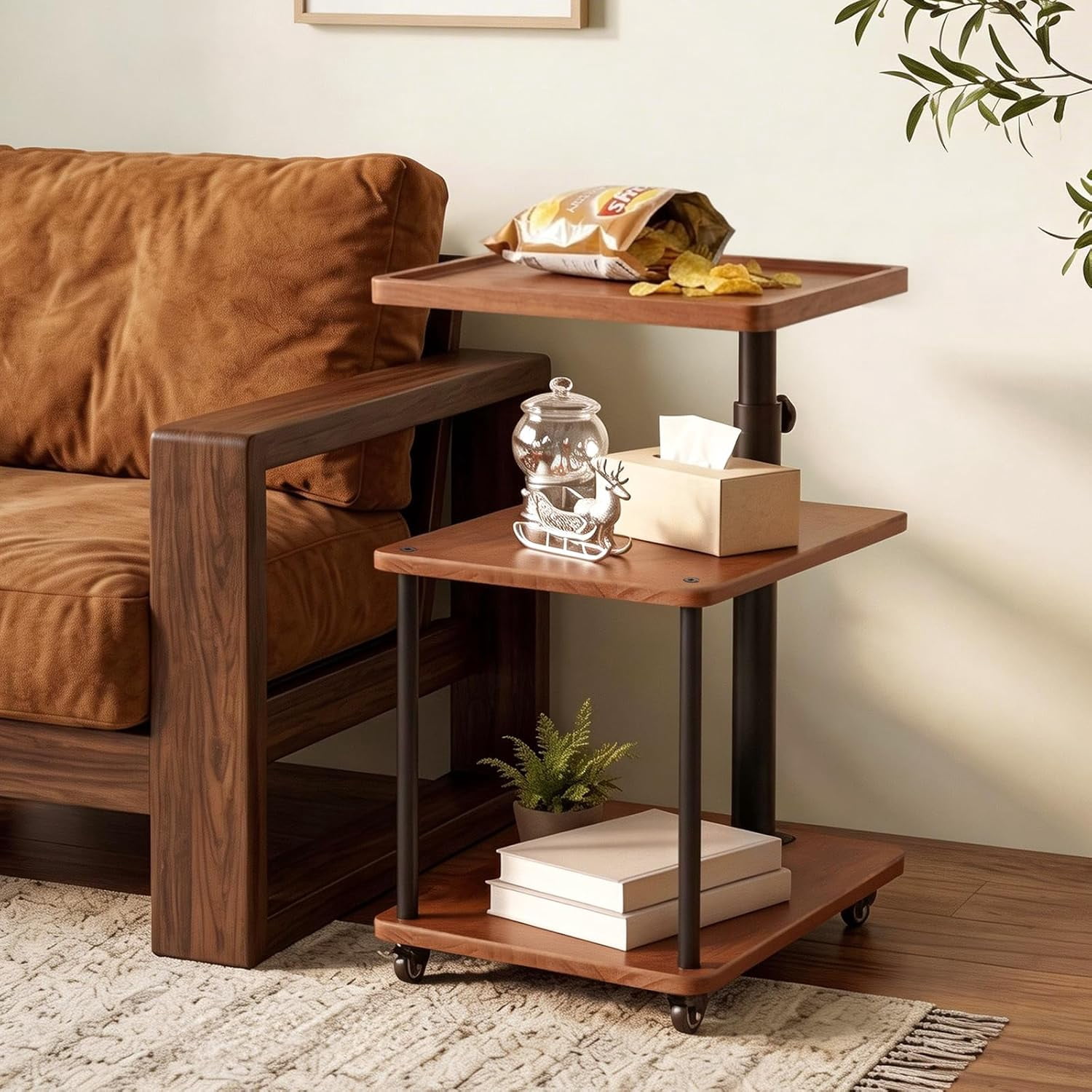 360° Swivel Soild Wood Side Table with Tray, Height Adjustable, Smooth ...
