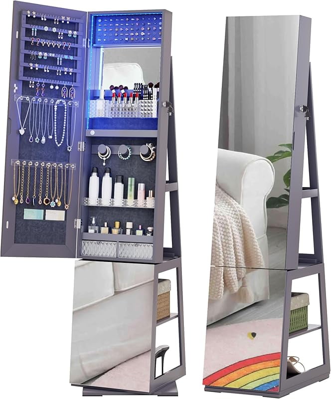 360 ° Swivel Standing Full Length Mirror Jewelry Cabinet with Lights ...