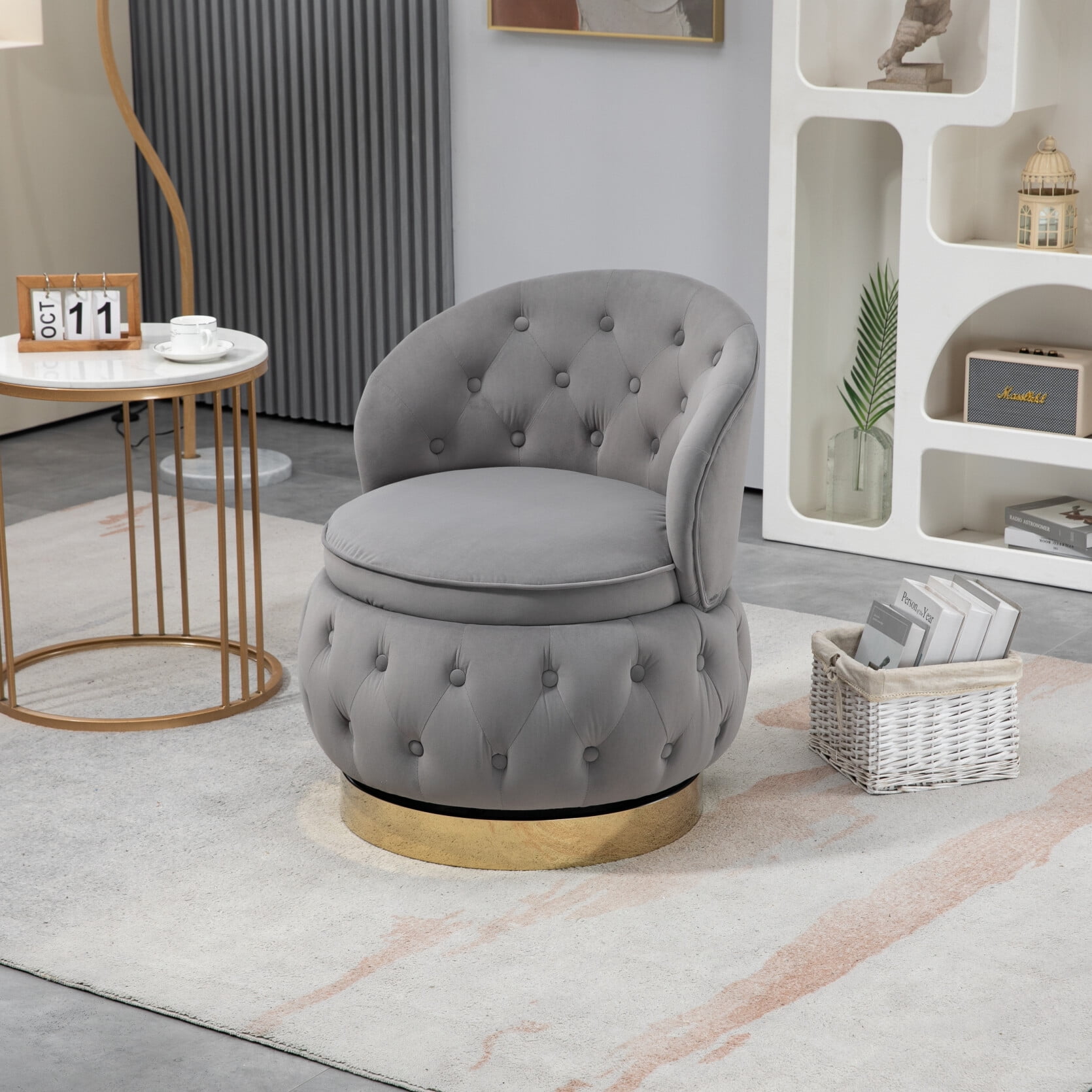 360° Swivel Velvet Storage Chair, Upholstered Cuddle Barrel Chair with ...