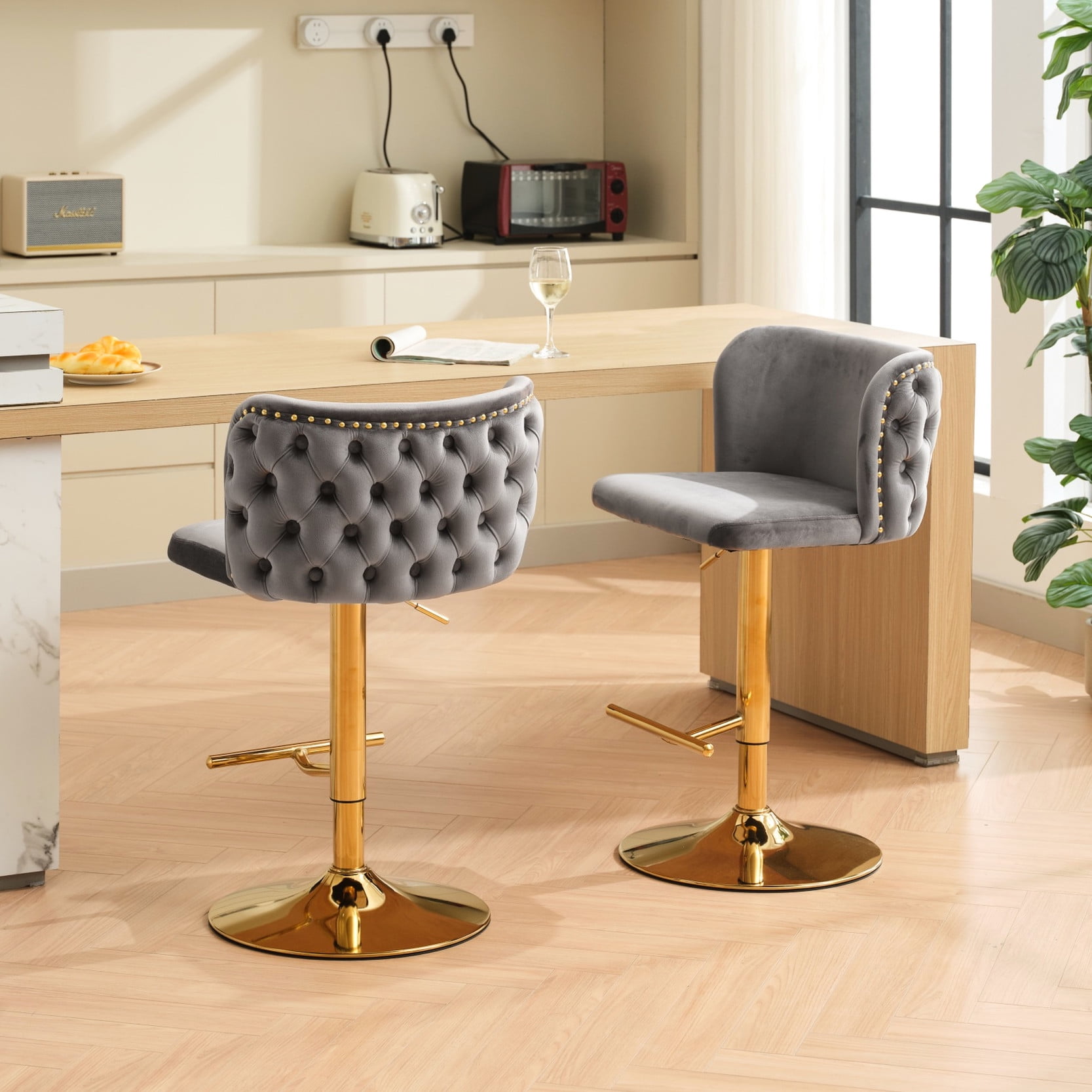 360° Swivel and Gold-plated Base / Classic Gray Bar Stools Set ...