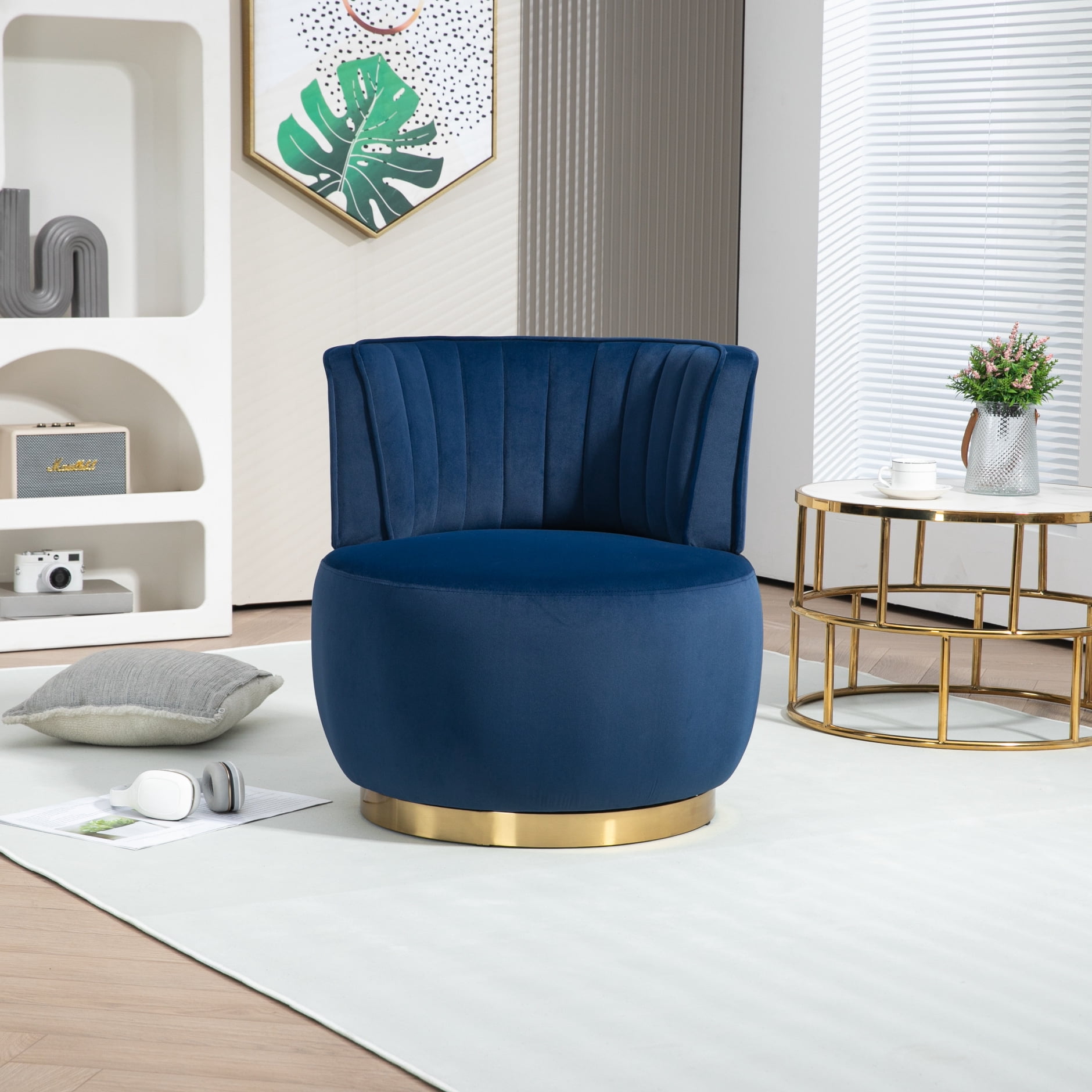 360° Velvet Upholstered Rotating Armchair, Modern Leisure Round Reading ...