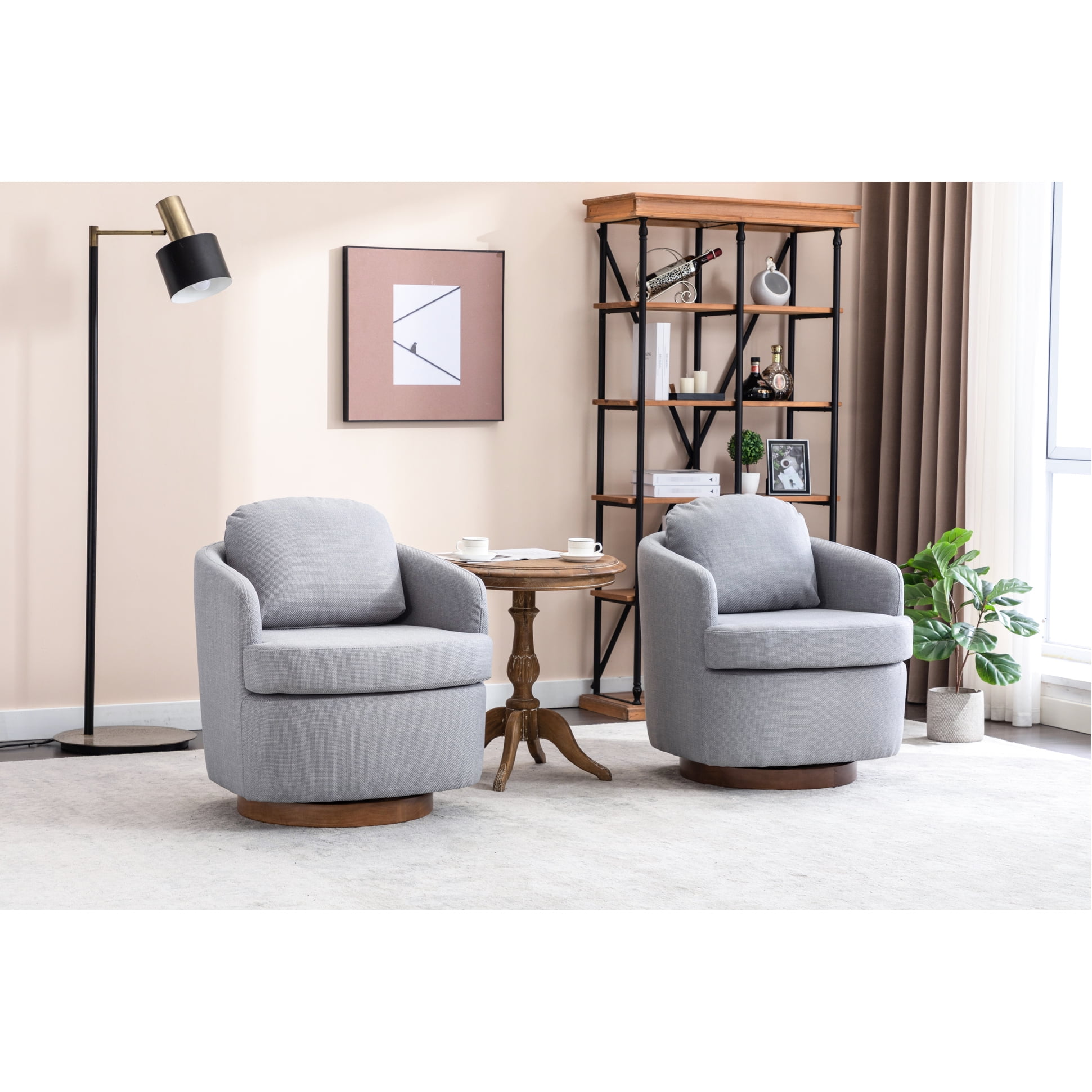 360-degree Rotating Accent Chair In Blue Linen And Solid Wood Legs For ...