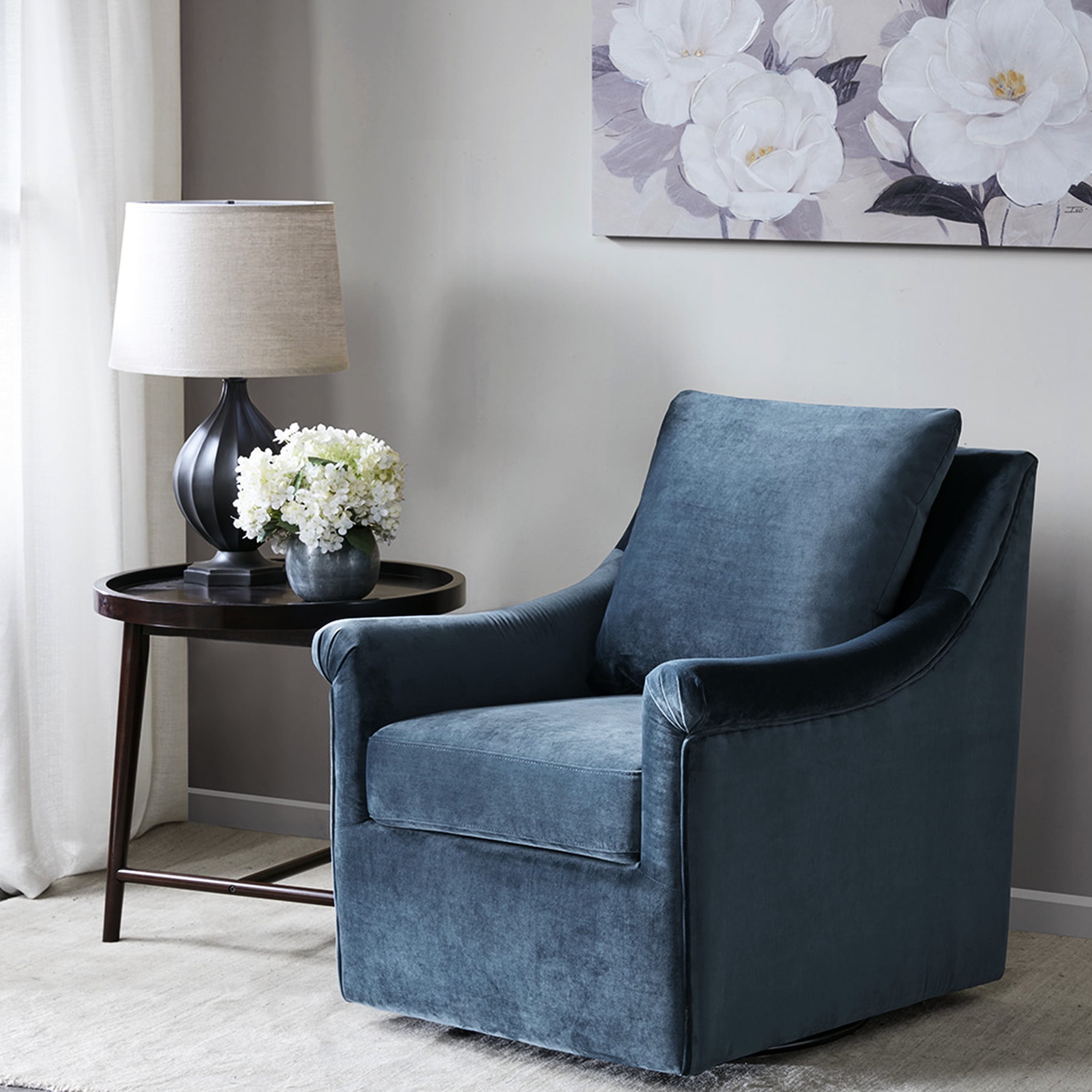 360-degree Rotating Chair In Blue, Upholstered With Velvet, Curved ...