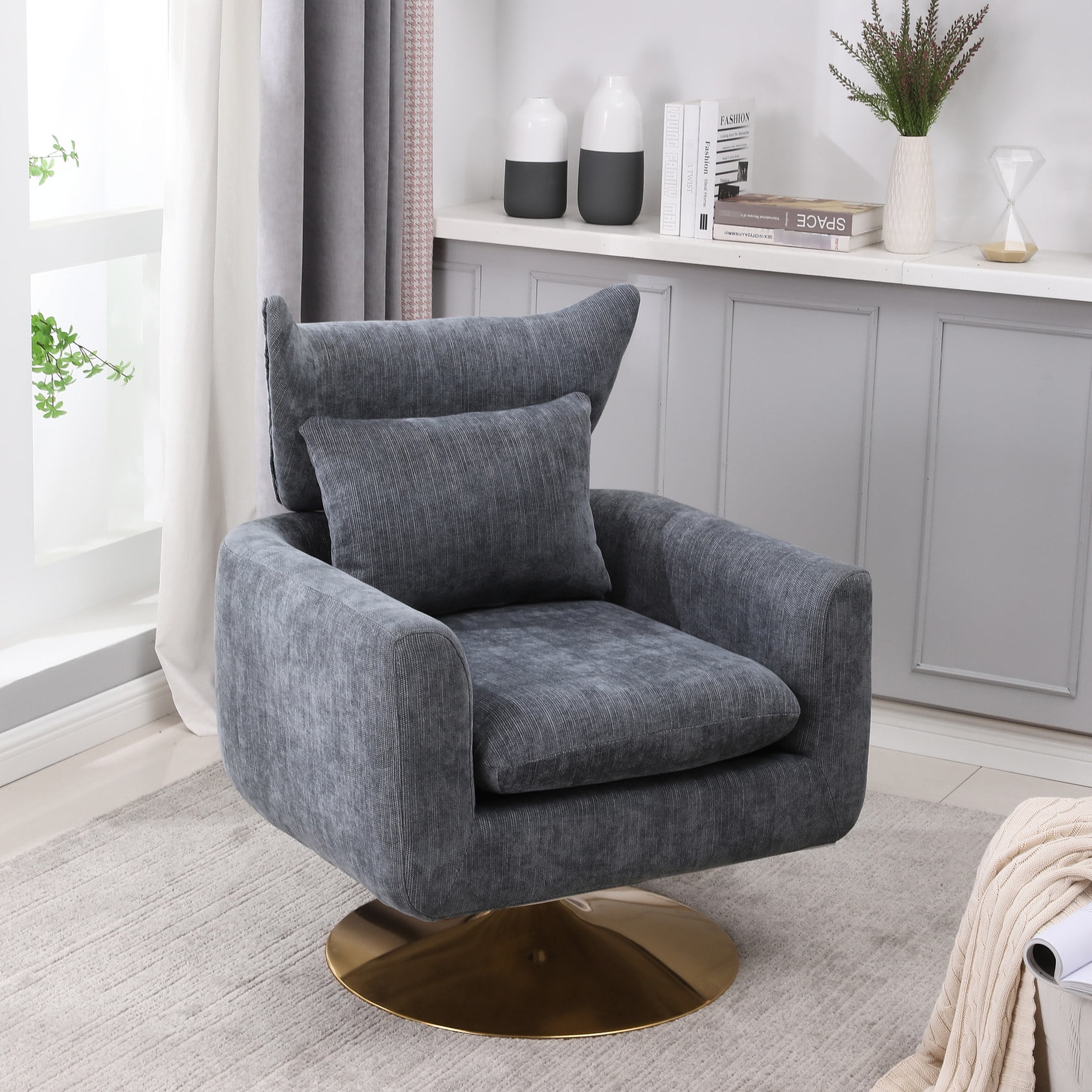 360-degree Rotating Dusty Blue Linen Accent Chair | Spot Cleanable for ...