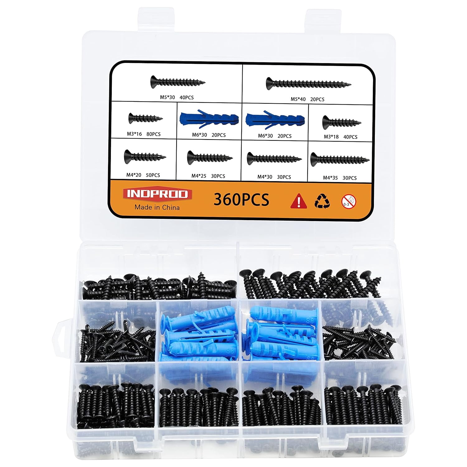 360 pcs M3 M4 M5 Wood Screws Assortment Kit with Blue Drywall Anchor ...