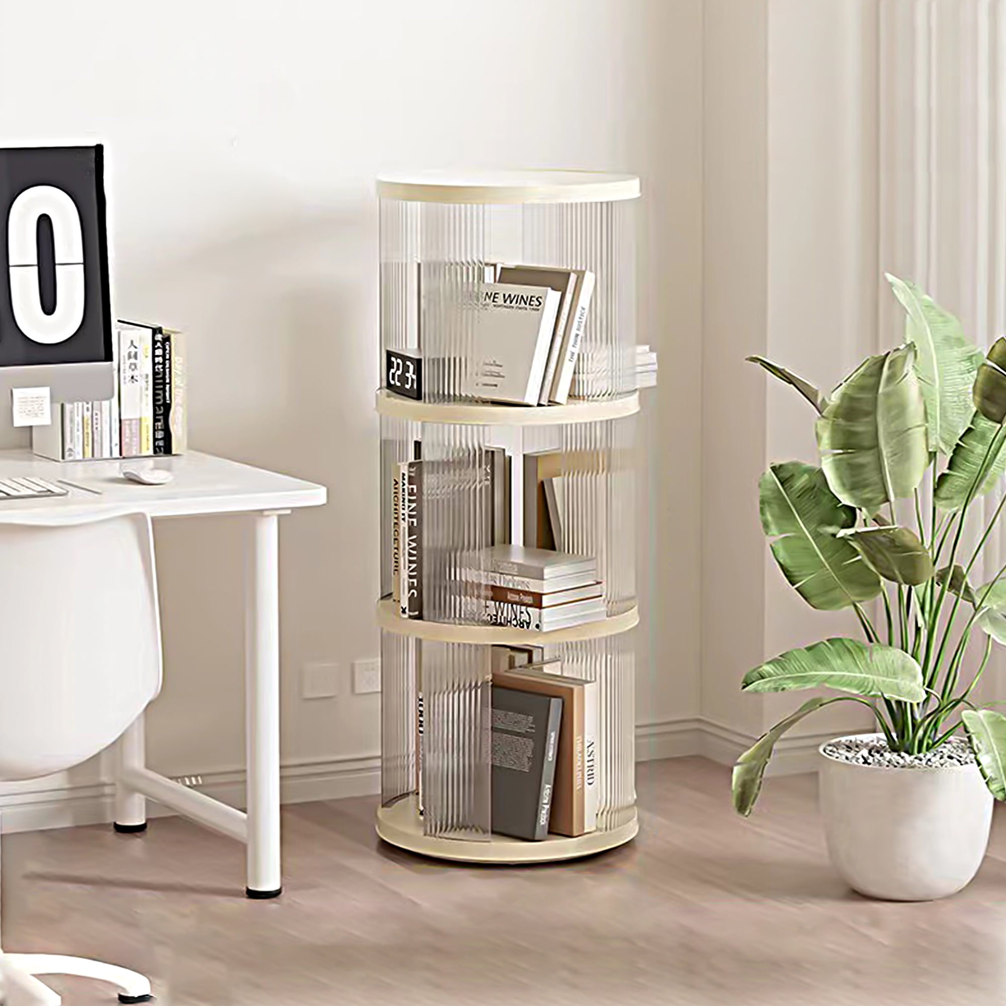 360 ° rotating circular bookshelf, occupying small space, with three ...