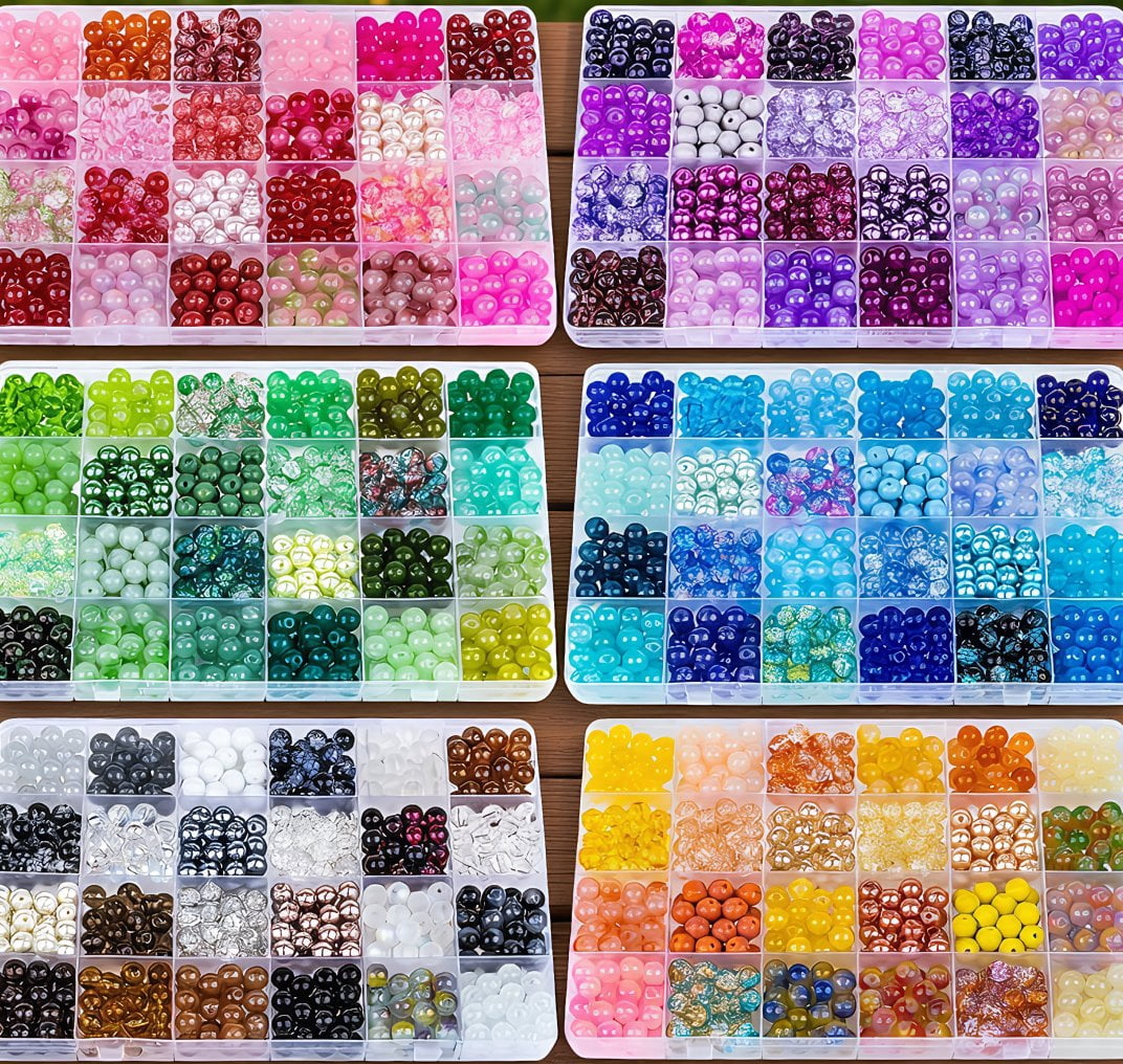 3600 Pieces 8mm Round Glass Beads Kit, 144 Colors in 6 Organized Boxes ...