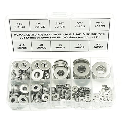 360PCS #2 to 7/16" 304(18-8) Stainless Steel SAE Flat Washers Assortment Kit,for #2#4#6#8#10#12 ...