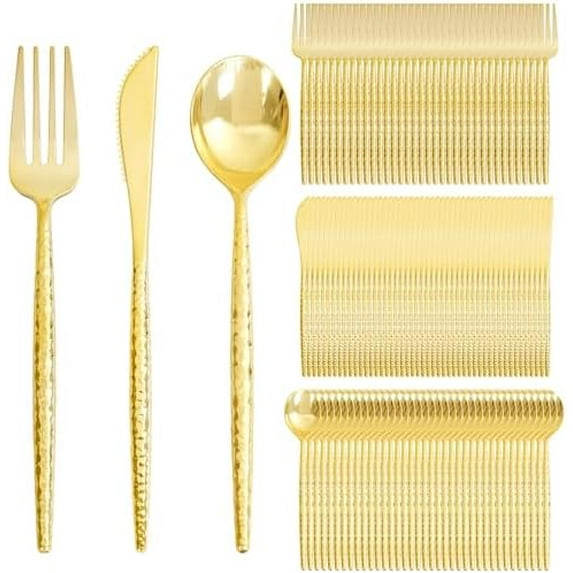 360PCS Gold Plastic Silverware, Plastic Utensils Heavy Duty,Gold ...