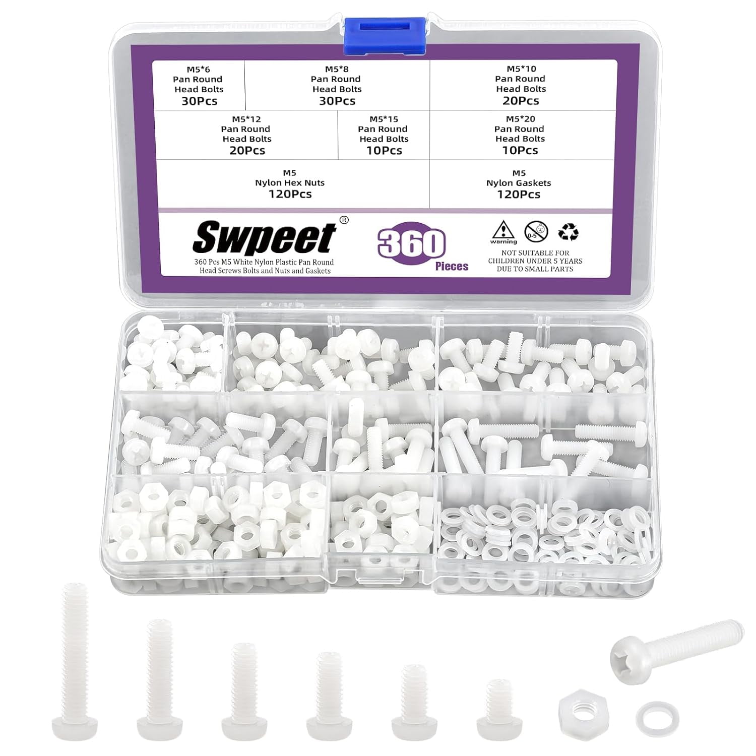 360Pcs 6 Sizes M5 White Nylon Pan Round Head Screws with Hex Nuts and ...