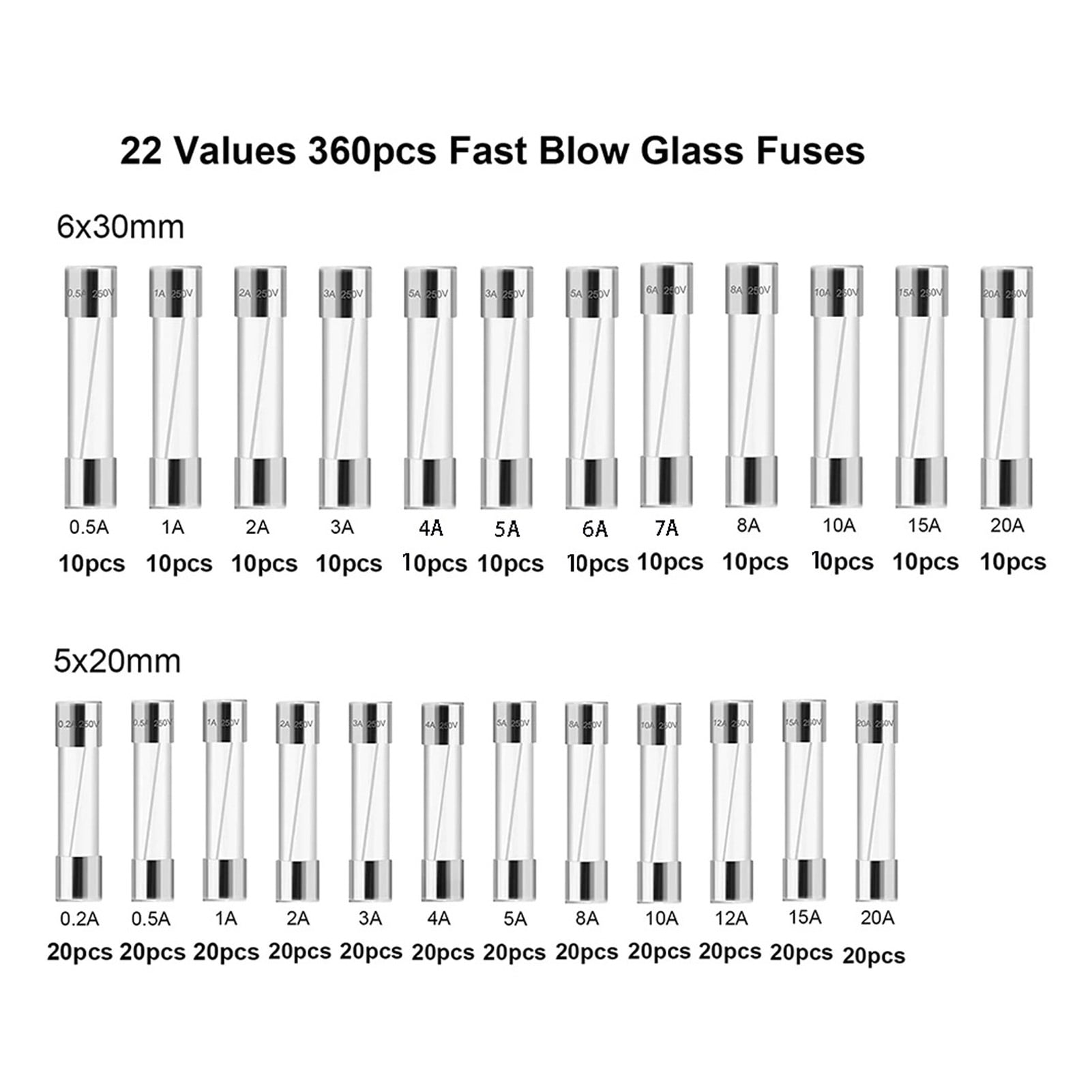 360Pcs Glass Fuse Tube 0.25A‑20A 24 Types 6x30mm 5x20mm Assortment Set ...