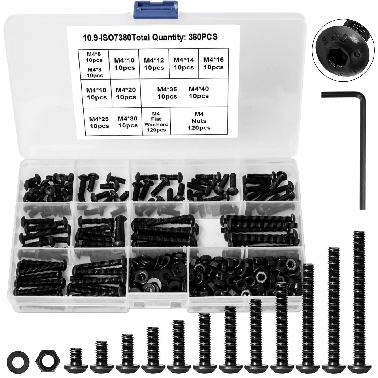 360pcs M4 Nuts and Bolts Assorted Set, 6mm to 40mm Metric Hex Socket ...