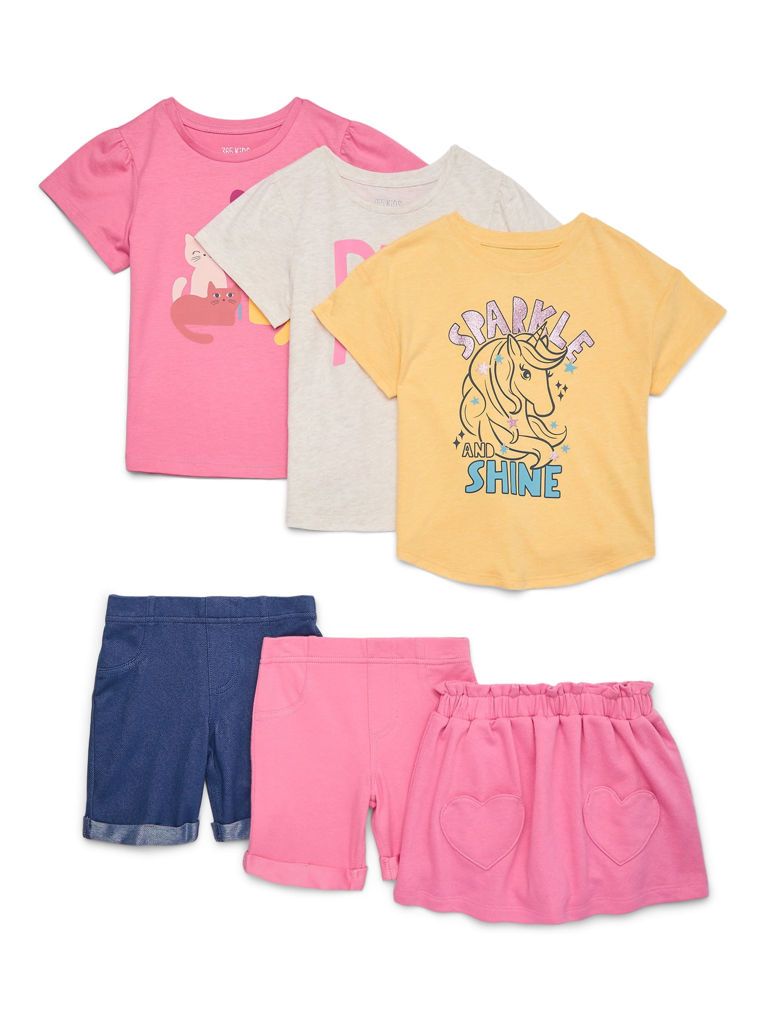 365 Kids From Garanimals Girls Graphic Tees and Shorts Pack, 6-Pieces ...
