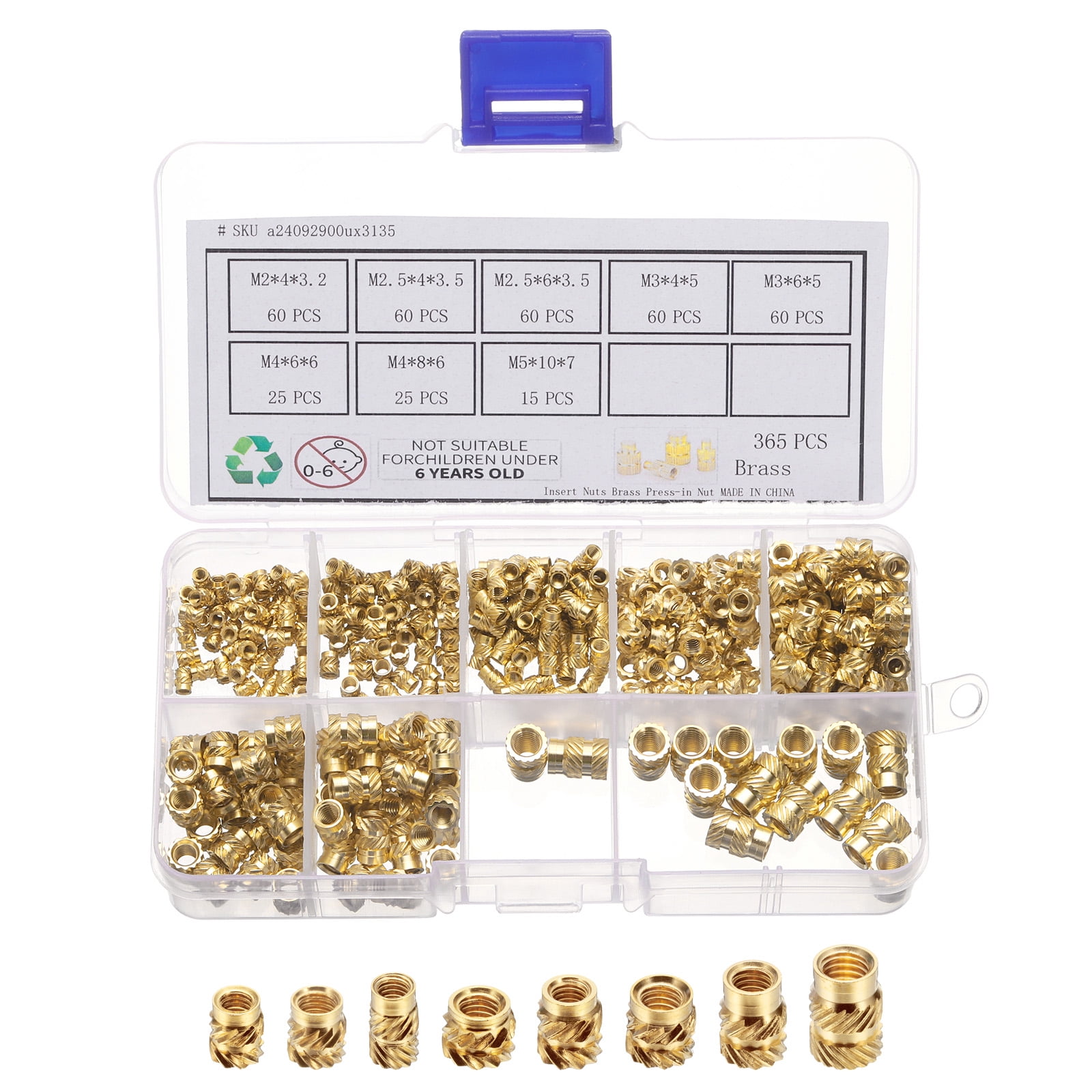 365Pack M2 M2.5 M3 M4 M5 Metric Threaded Inserts Brass Heat Set Insert Knurled Nuts Assortment ...