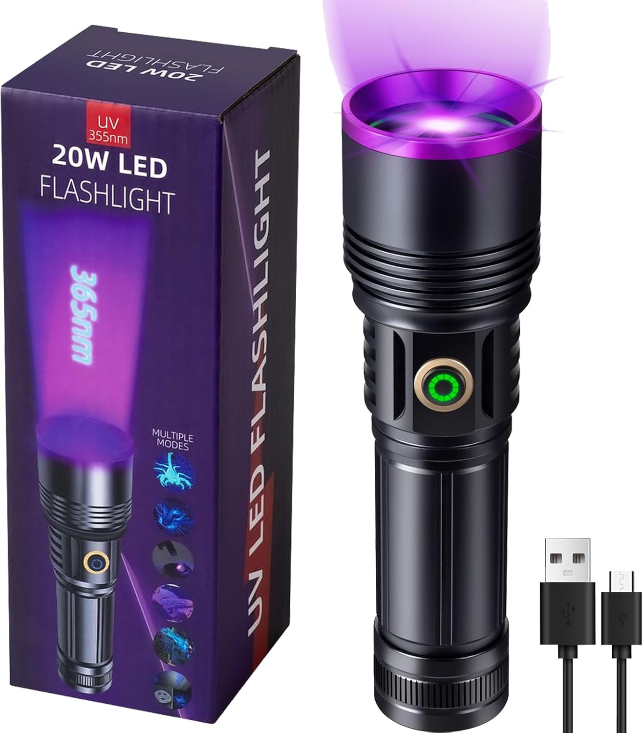 365nm UV Flashlight USB Rechargeable UV Light High Power Black Light Flashlight for Pet Urine ...