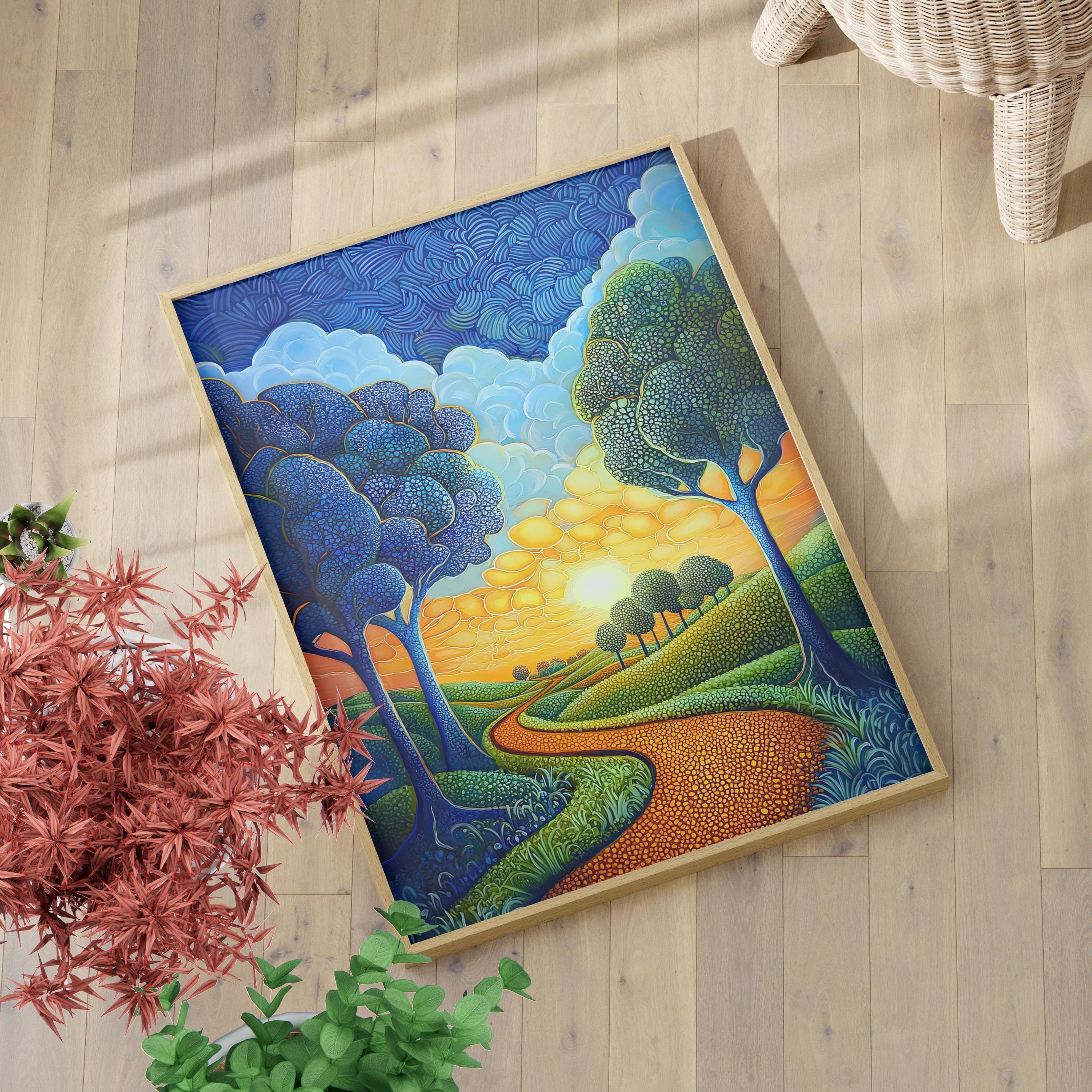 369 Prints Colorful Trees And Sunset Nature Art Batik Style Oil Poster ...