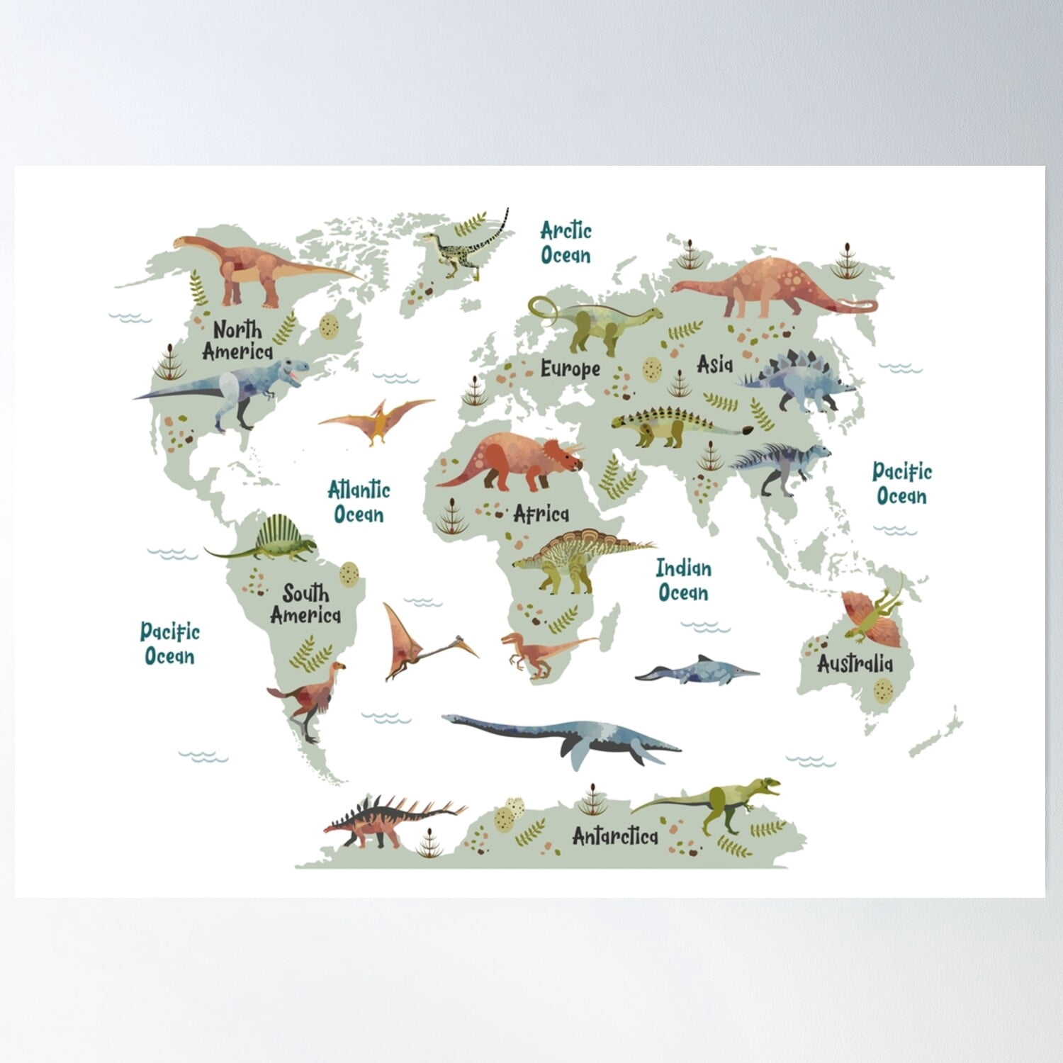 369 Prints Dinosaur World Map- No Framed, Vintage Wall Art, Trendy ...