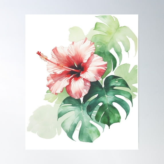 369 Prints Hawaiian Hibiscus & Monstera Watercolor Tropical Paradise ...