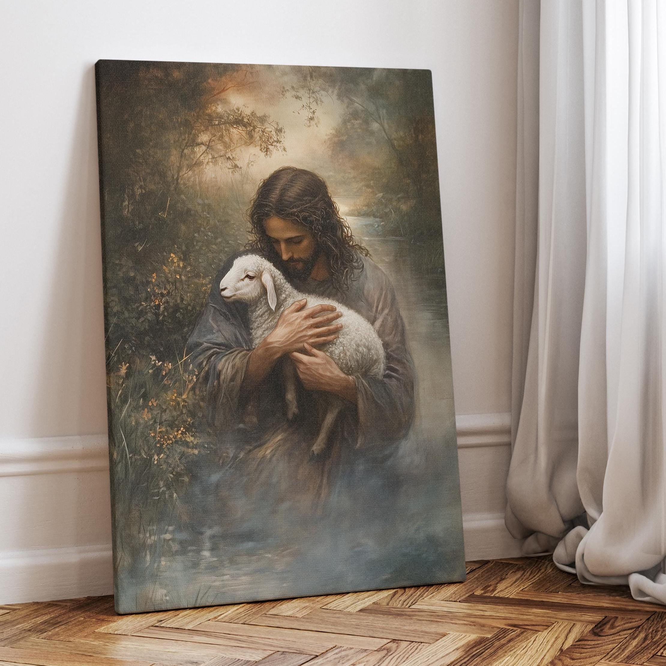 369 Prints Jesus Holding A Lamb In A Misty Forest Poster Countryside ...