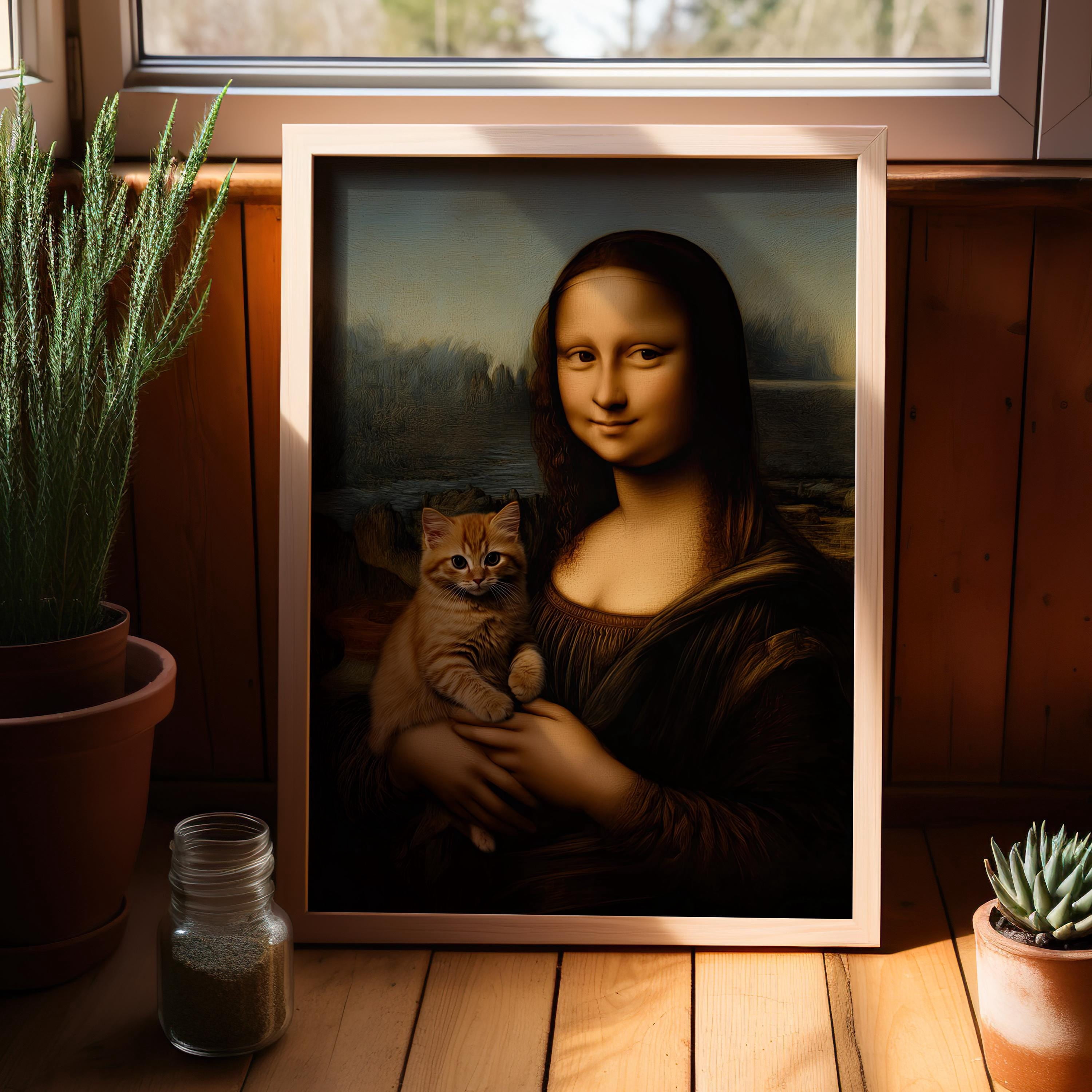 369 Prints Mona Lisa With A Cat Vintage Oil Poster Mona Lisa Holding A ...