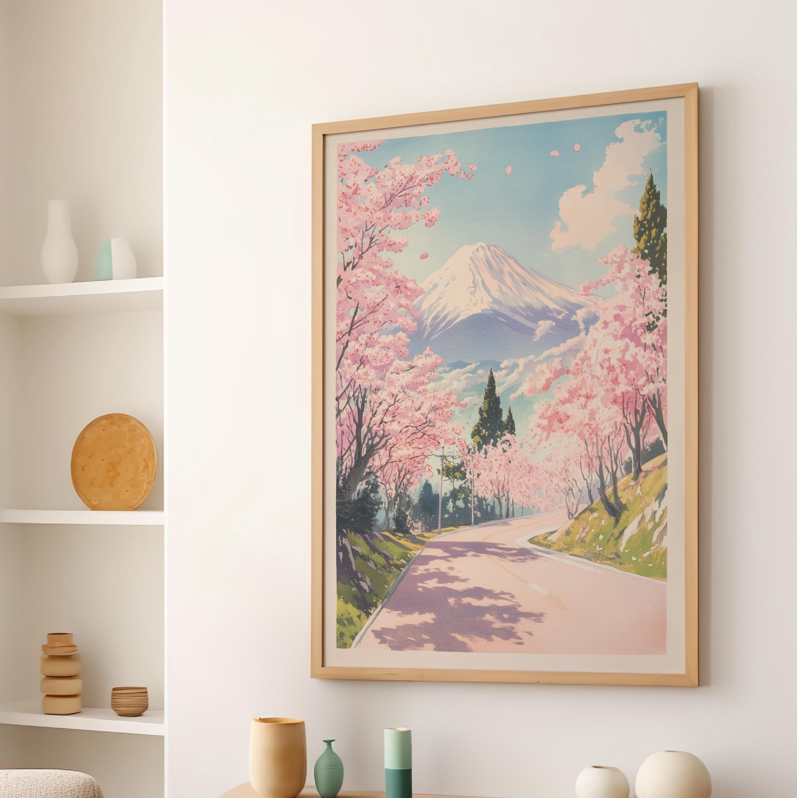 369 Prints Mount Fuji Wall Art Soft Pastel Pink Cherry Blossom Road ...