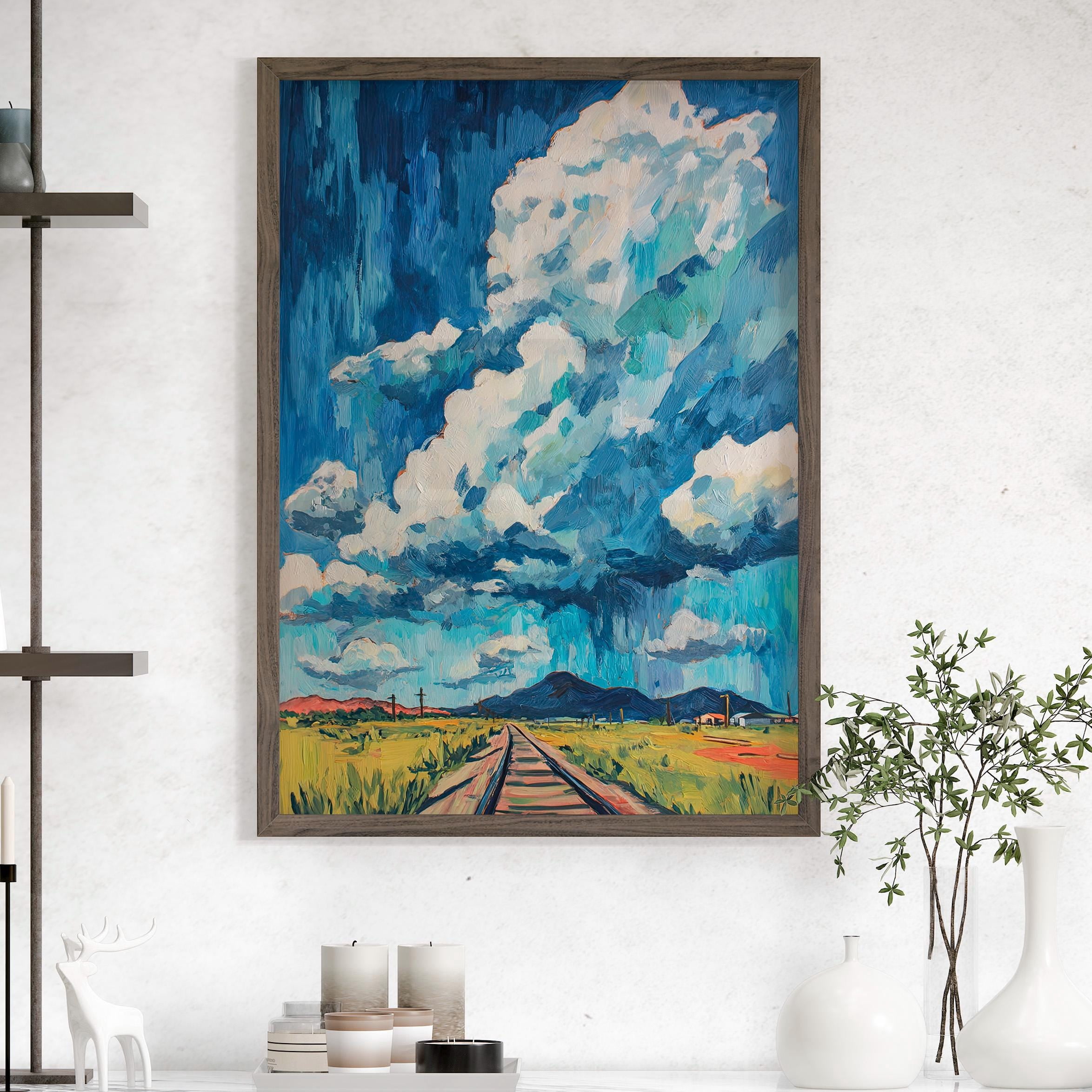 369 Prints Stormy Prairie Train Track Oil Poster Western Landscape Blue ...