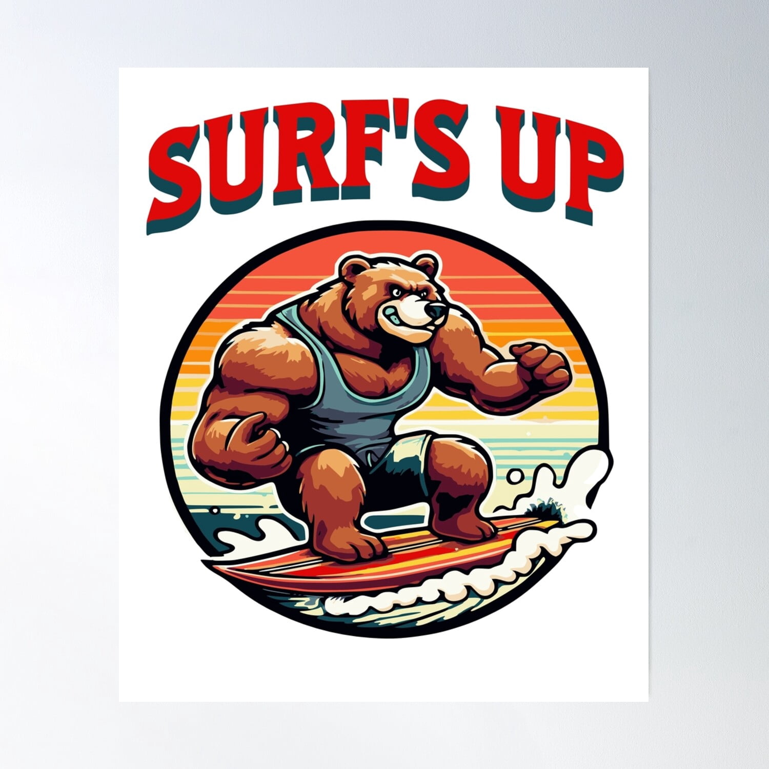 369 Prints Surf'S Up - Bear Surfer Adventure- No Framed, Vintage Wall ...