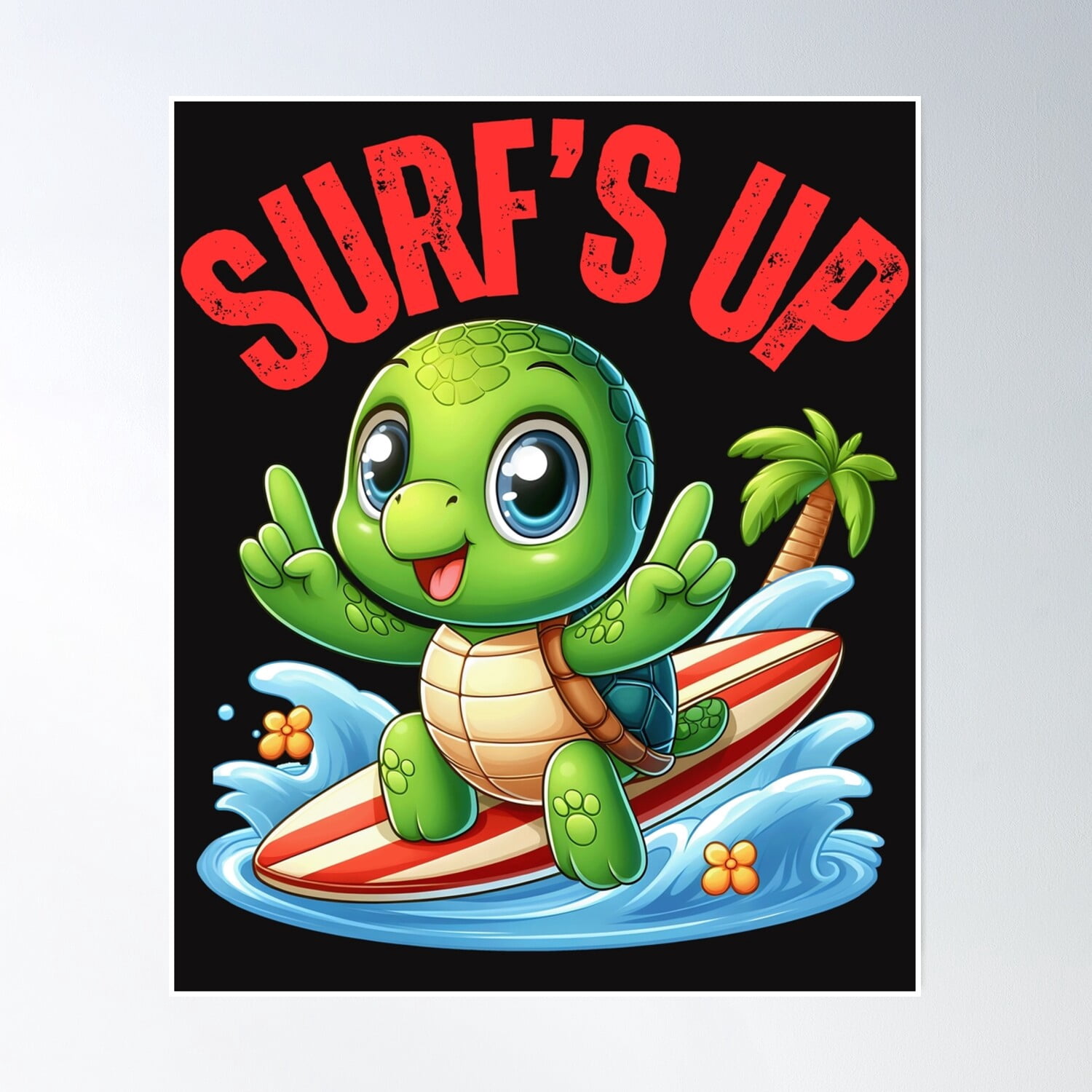 369 Prints Surf'S Up Cute Turtle Surfing- No Framed, Vintage Wall Art ...