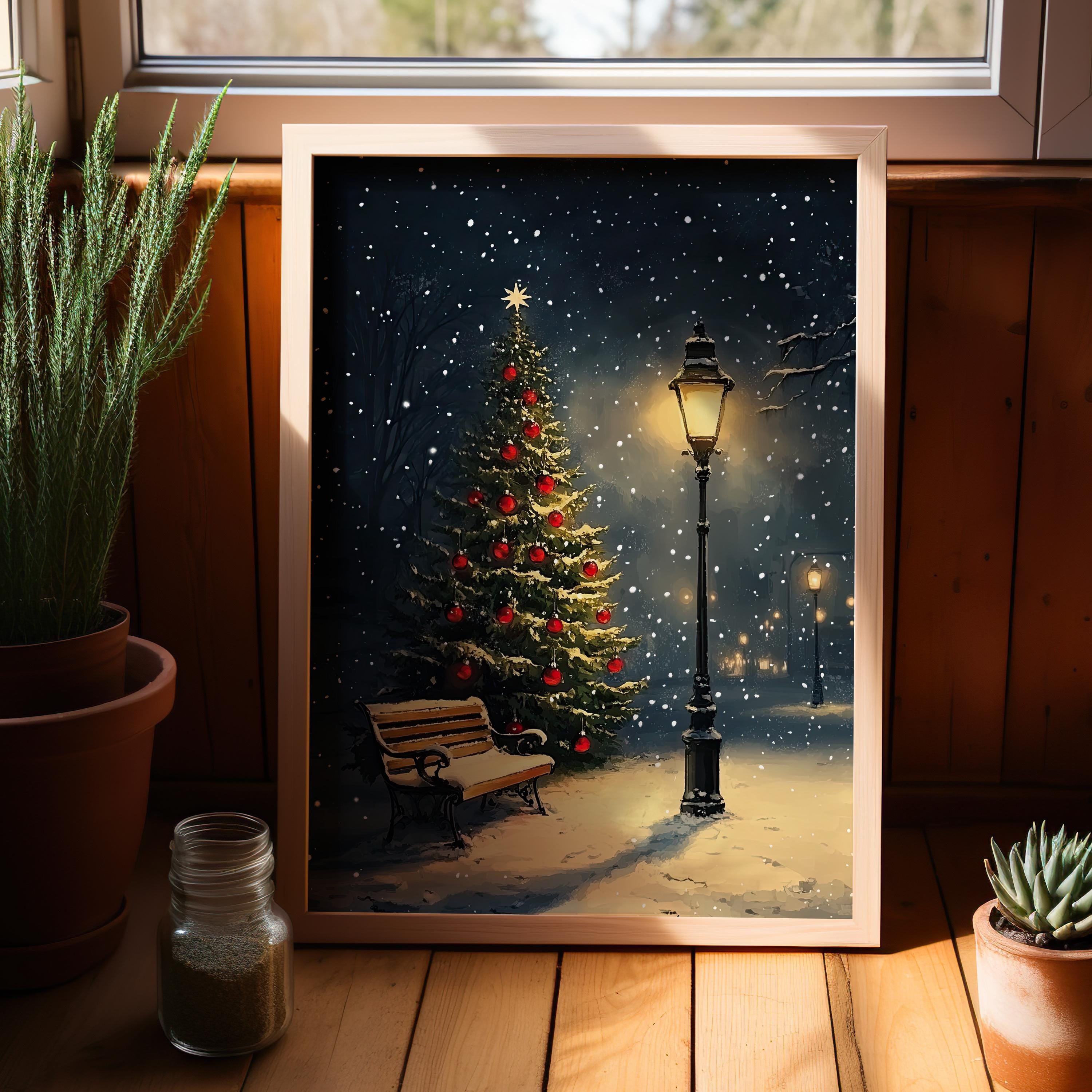 369 Prints Tree By Bench Under Street Lamps Poster Snowfall Night Scene ...