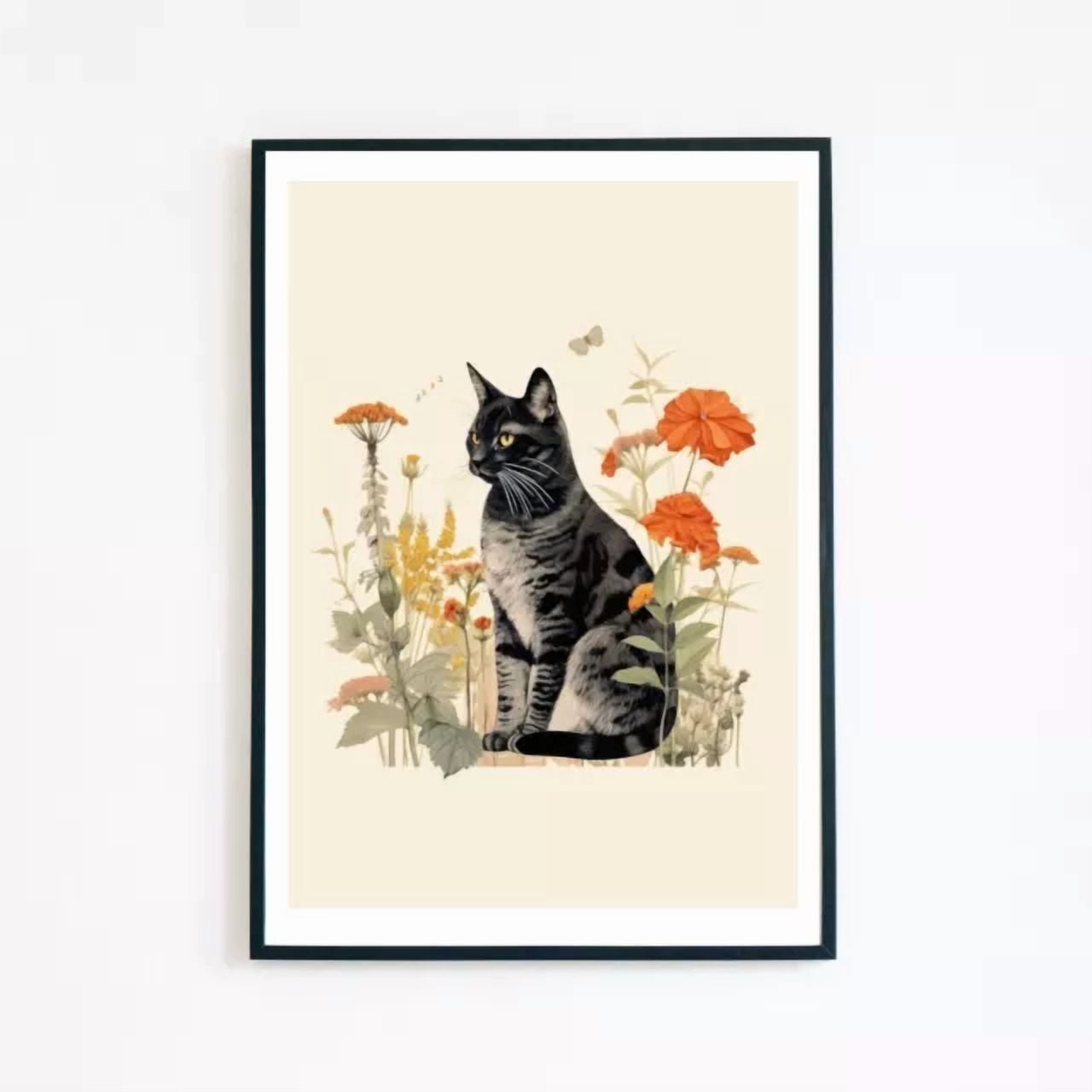 369 Prints Vintage Black Cat Illustration Botanical Flowers- No Framed, Vintage Wall Art, Trendy ...