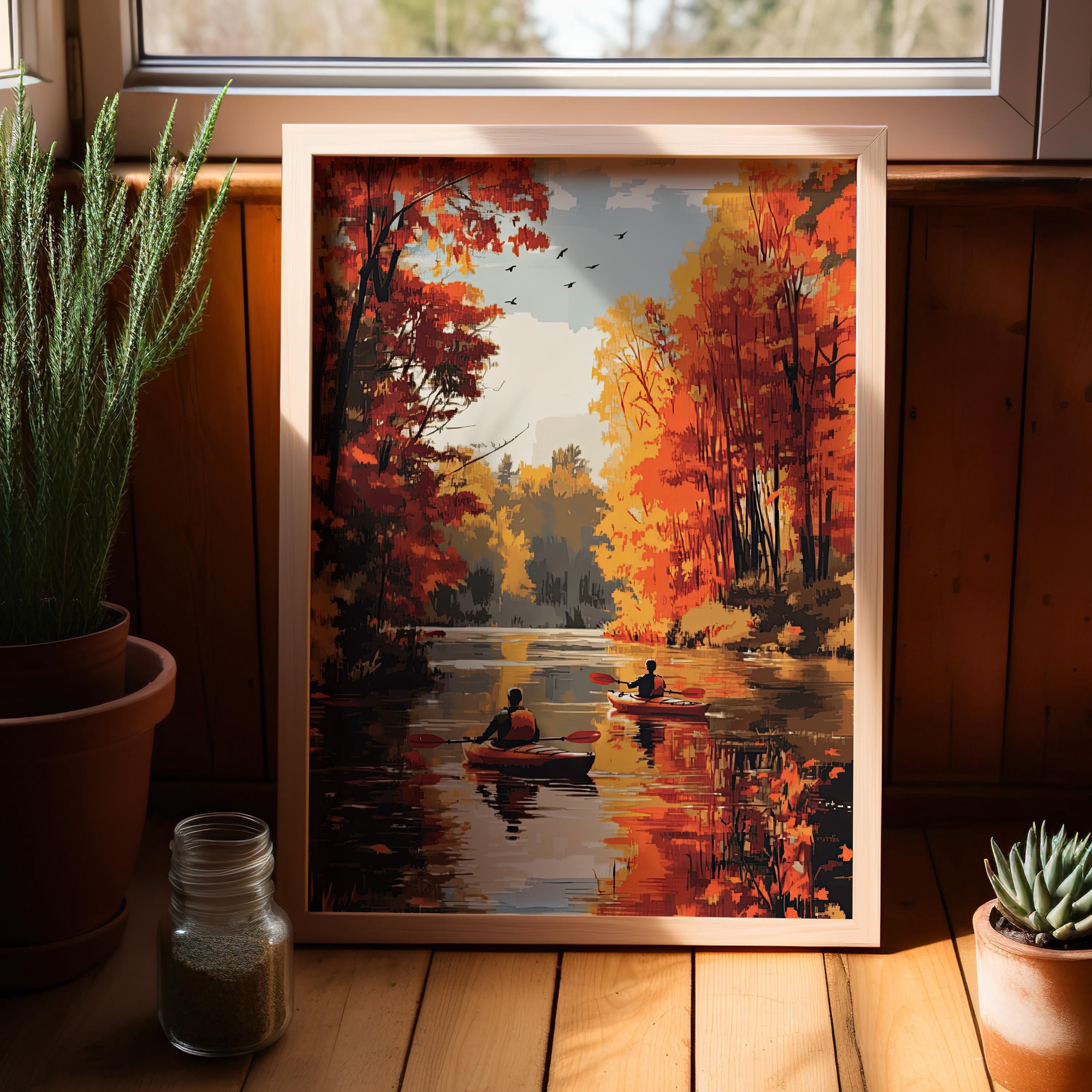 369 Prints Vintage Kayak Autumn River Poster Fall River Trees Serene ...