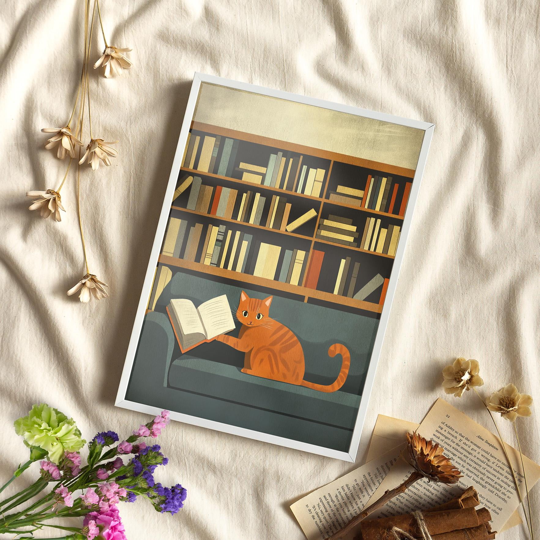 369 Prints Whimsical Orange Cat Reading Book Illustration Poster Cat ...