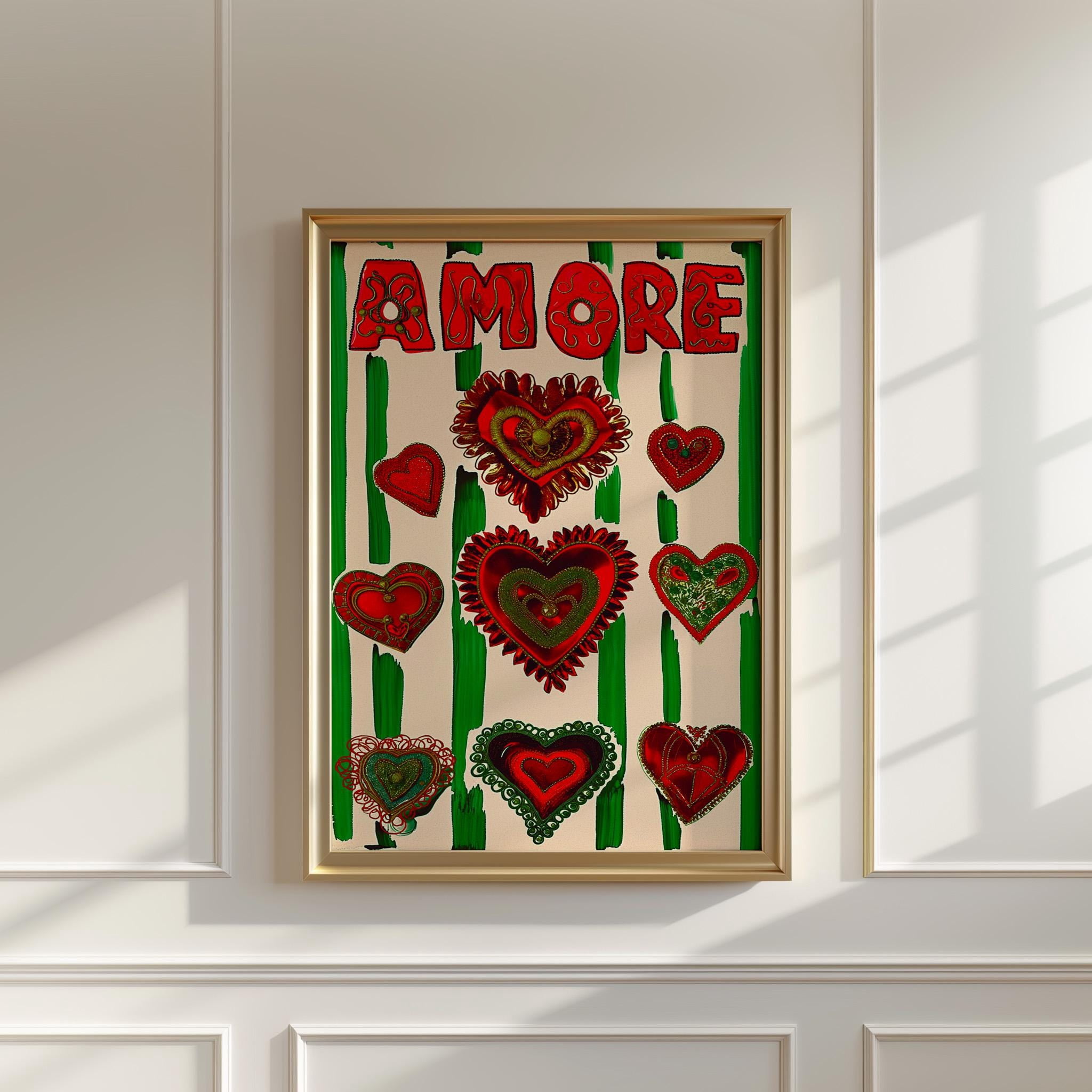 369 Prints amore Heart Poster, Maximalist Folk Art Print, Red Green ...
